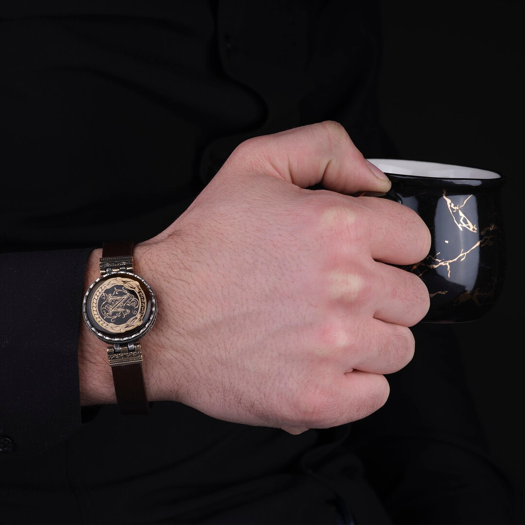 Sterling Silver Watch Design Leather Cuff Bracelet - Personalized Mens ...