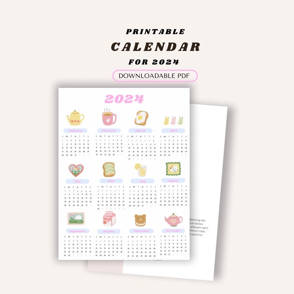 Cute Pink Wall Art Calendar, Coquette Pastry 2024 Calendar, Printable ...