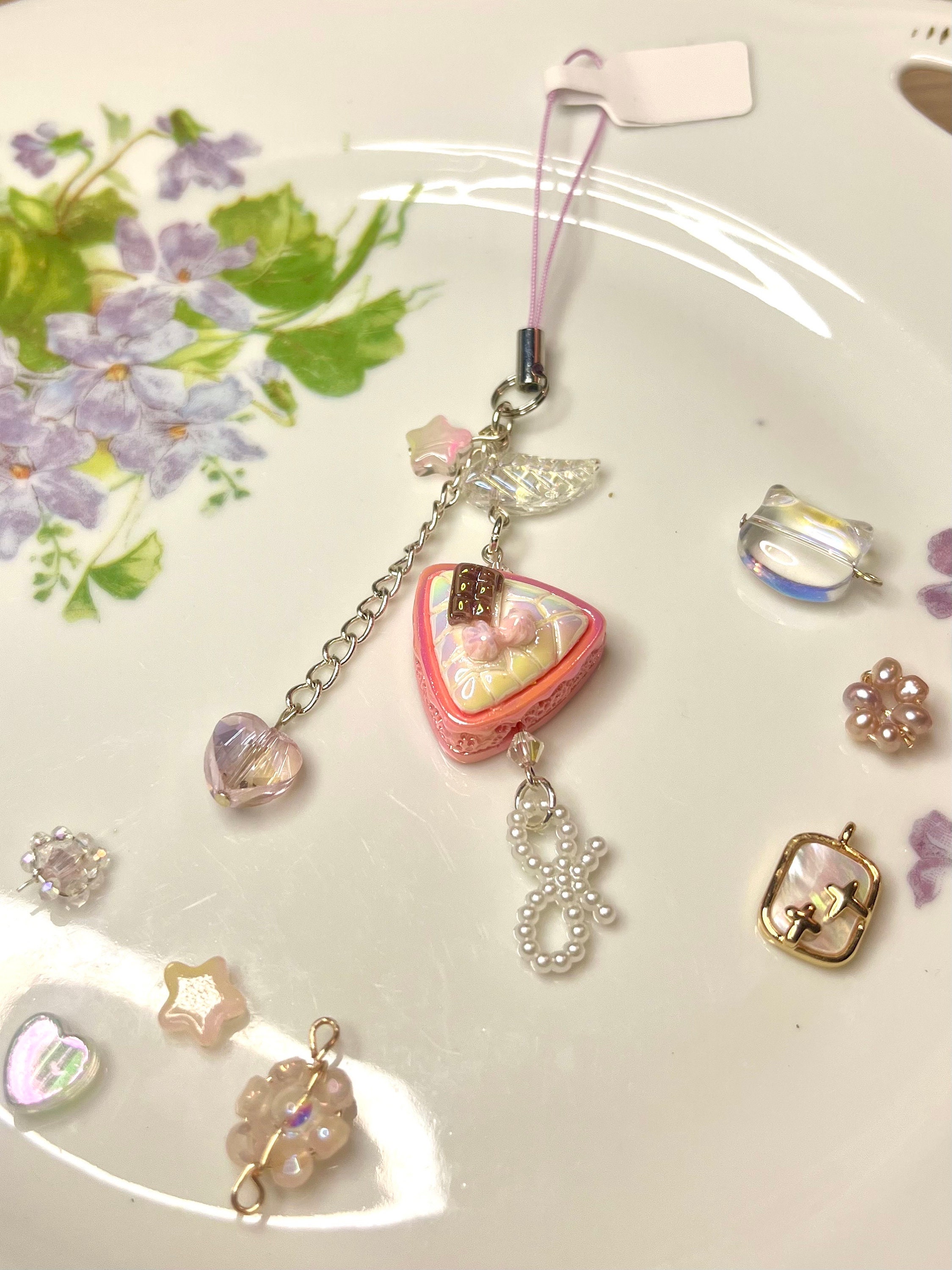 Cute Pink Pastry Keychain With Pearl Bow and Heart Design - Etsy