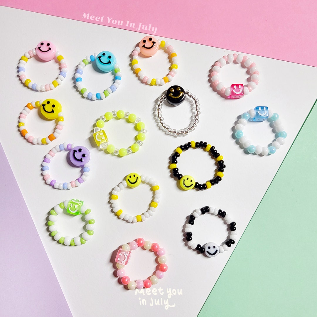 Beaded Rings Smiley Face Rings Ring Set Cute Happy Face Rings Stretchy ...