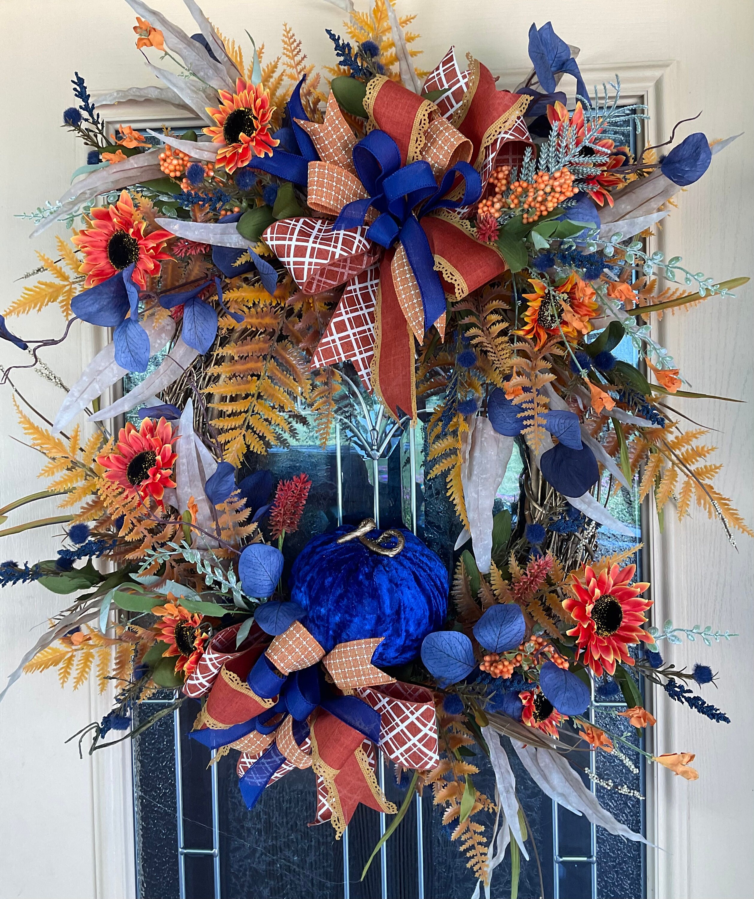 Royal Blue Orange Fall Wreath, Autumn Orange, Rust, Royal Blue Pumpkin ...