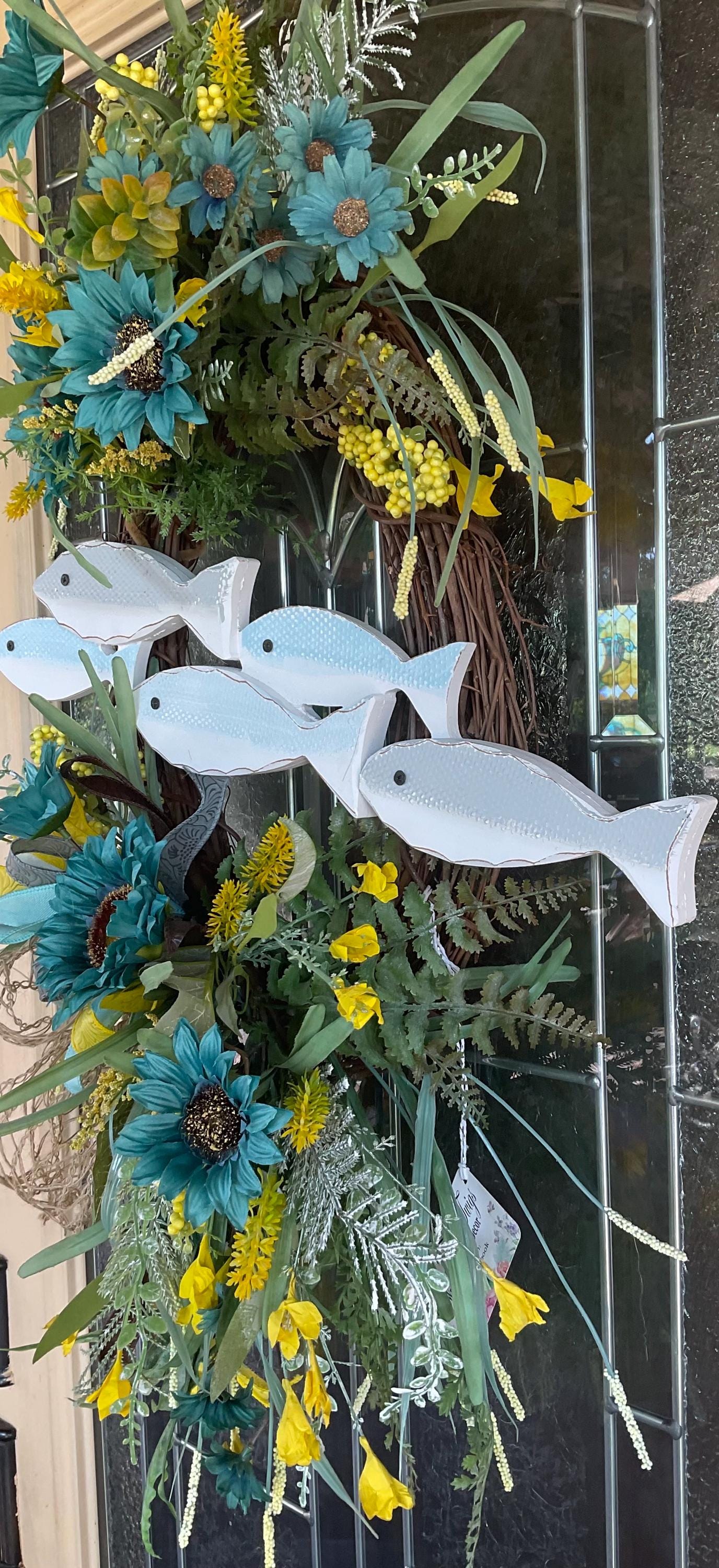 Turquoise Sunflower Fish Wreath, Yellow and Turquoise Sunflower Wreath ...