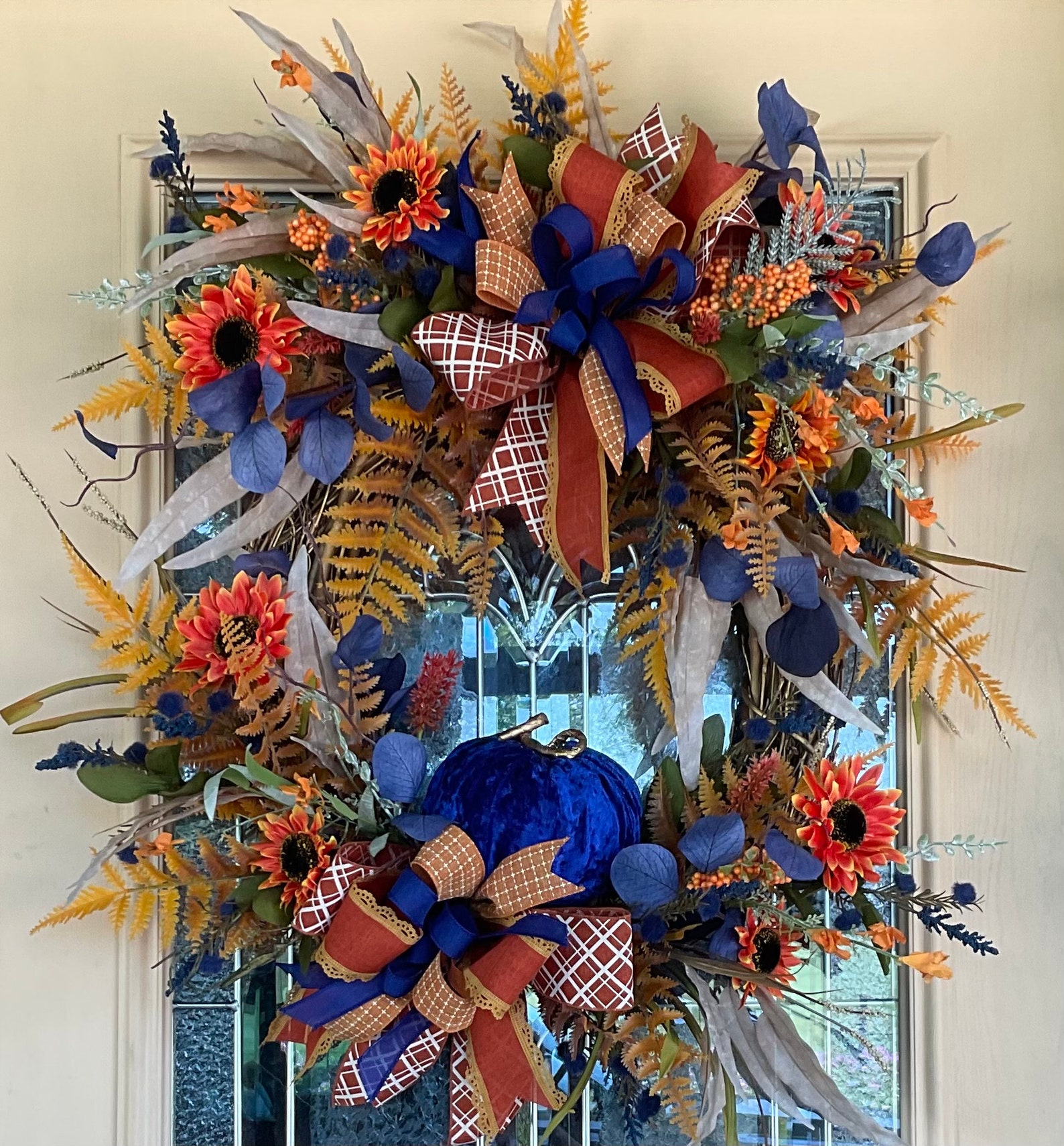 Royal Blue Orange Fall Wreath, Autumn Orange, Rust, Royal Blue Pumpkin ...