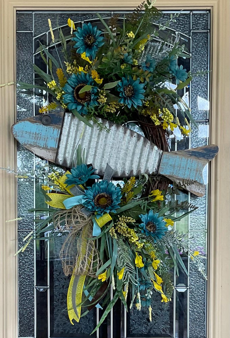 Turquoise Sunflower Fish Wreath, Yellow and Turquoise Sunflower Wreath ...