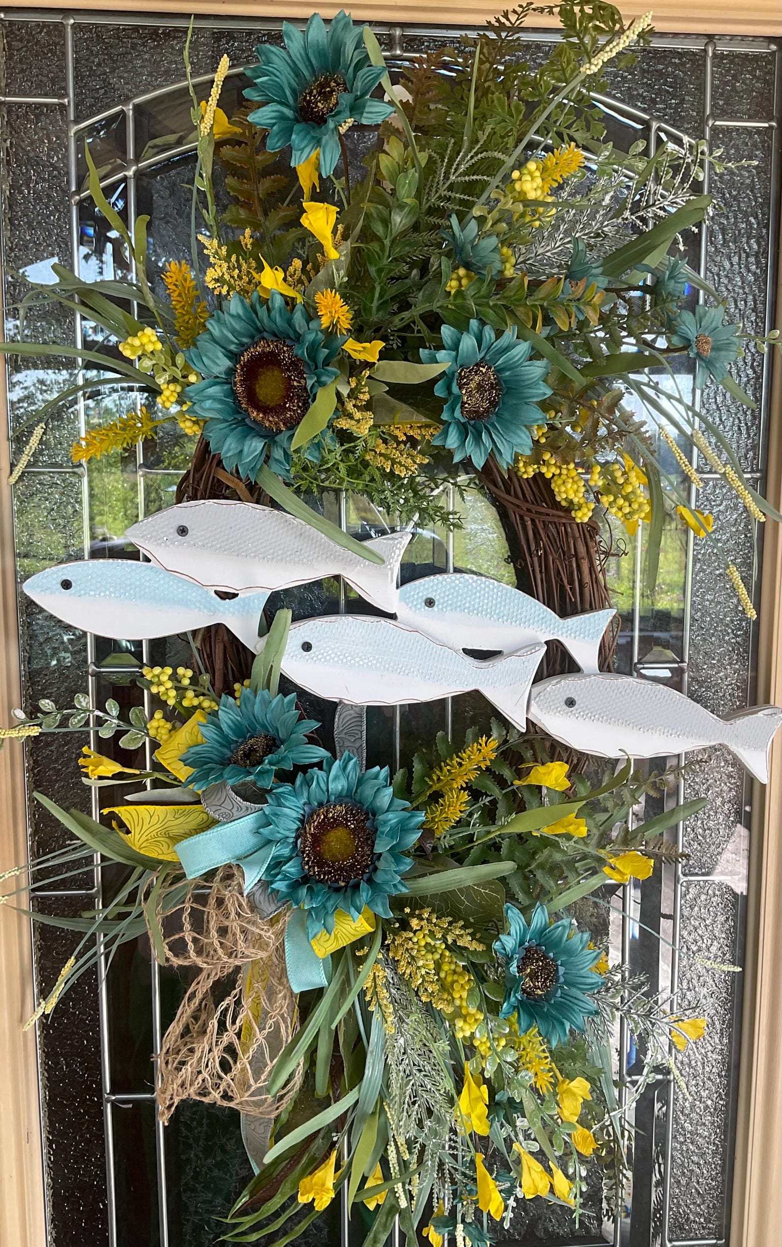 Turquoise Sunflower Fish Wreath, Yellow and Turquoise Sunflower Wreath ...