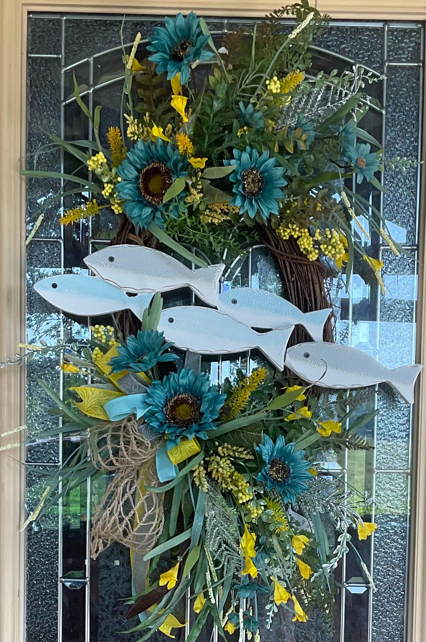 Turquoise Sunflower Fish Wreath, Yellow and Turquoise Sunflower Wreath ...