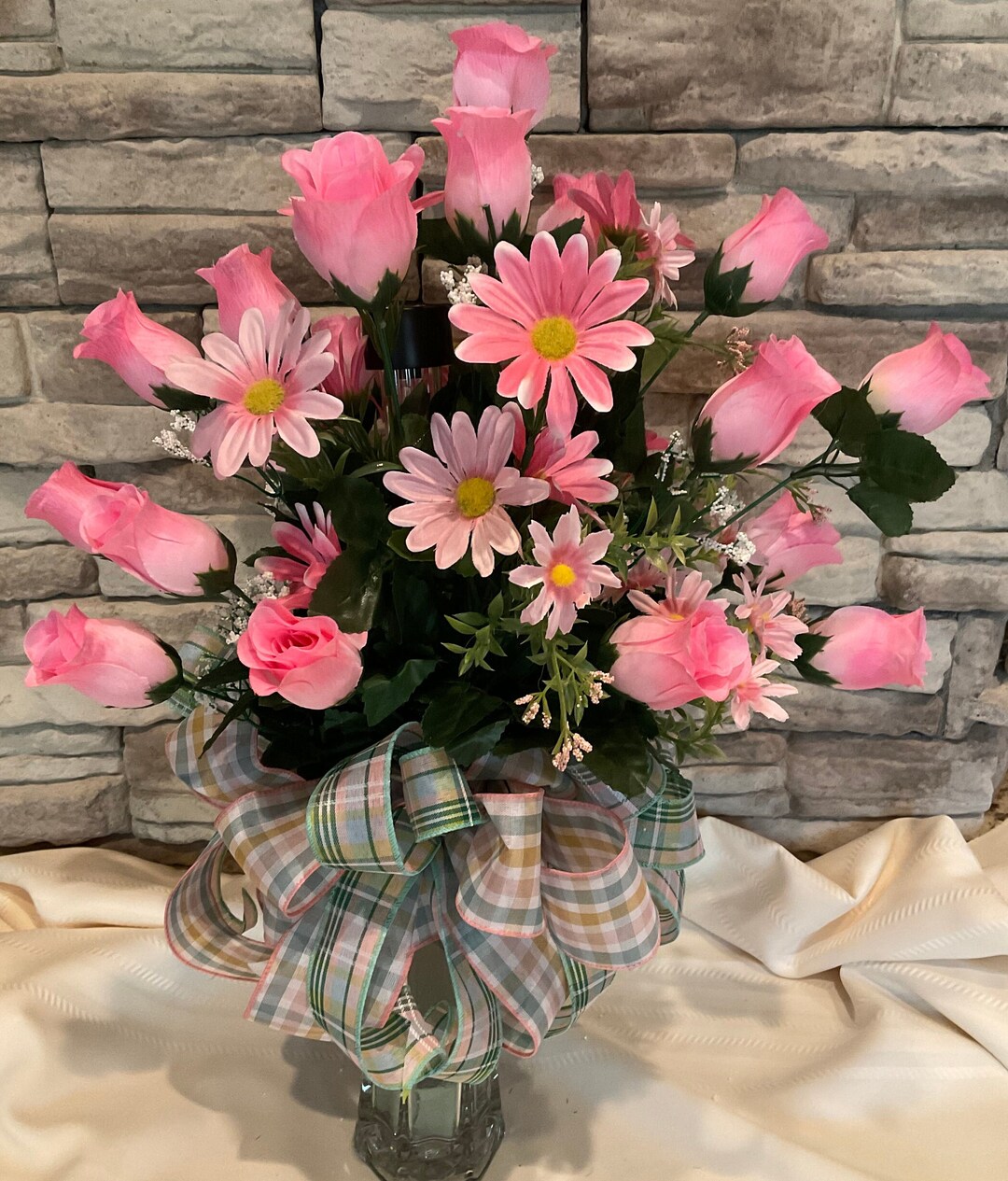 Pink Memorial Flowers, Solar Light Memorial Vase, White Daisy Funeral ...