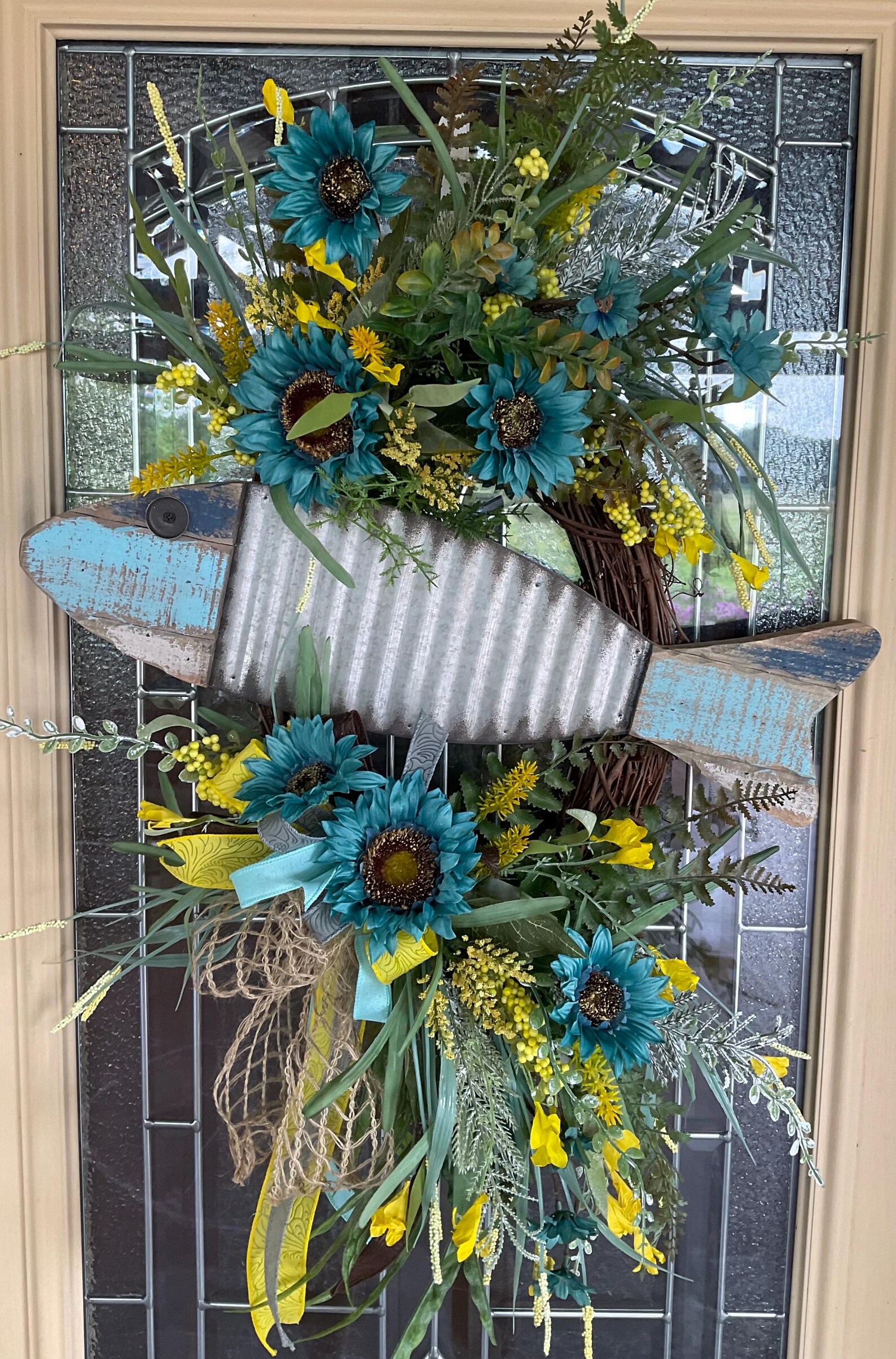 Turquoise Sunflower Fish Wreath, Yellow and Turquoise Sunflower Wreath ...