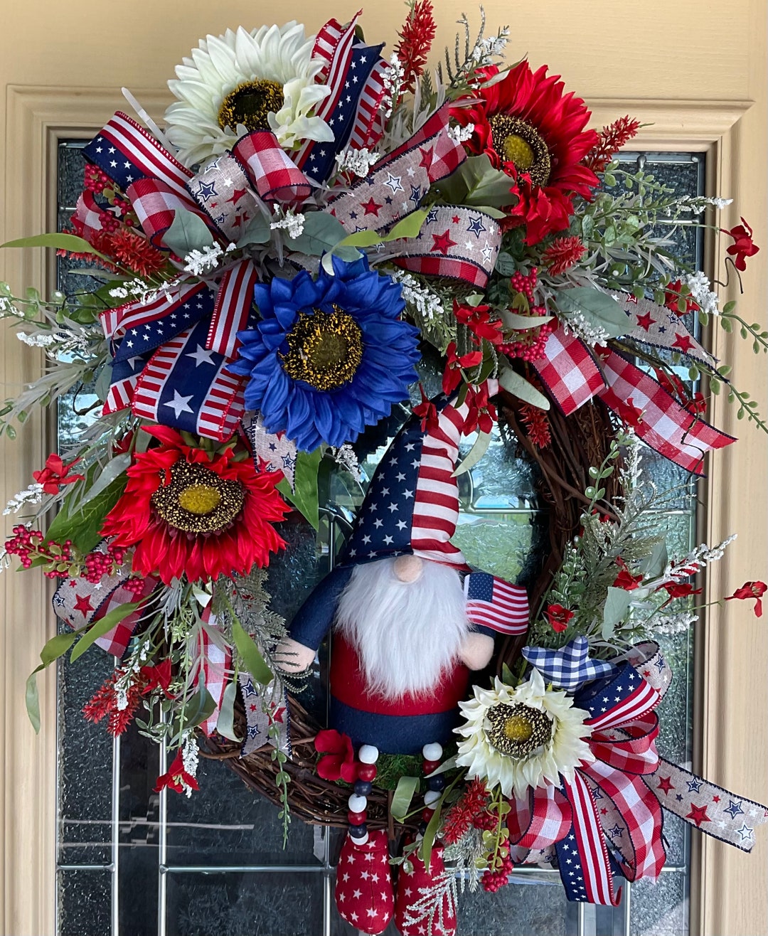 Patriotic Gnome Grapevine Wreath, Red White Blue Sunflowers and ...