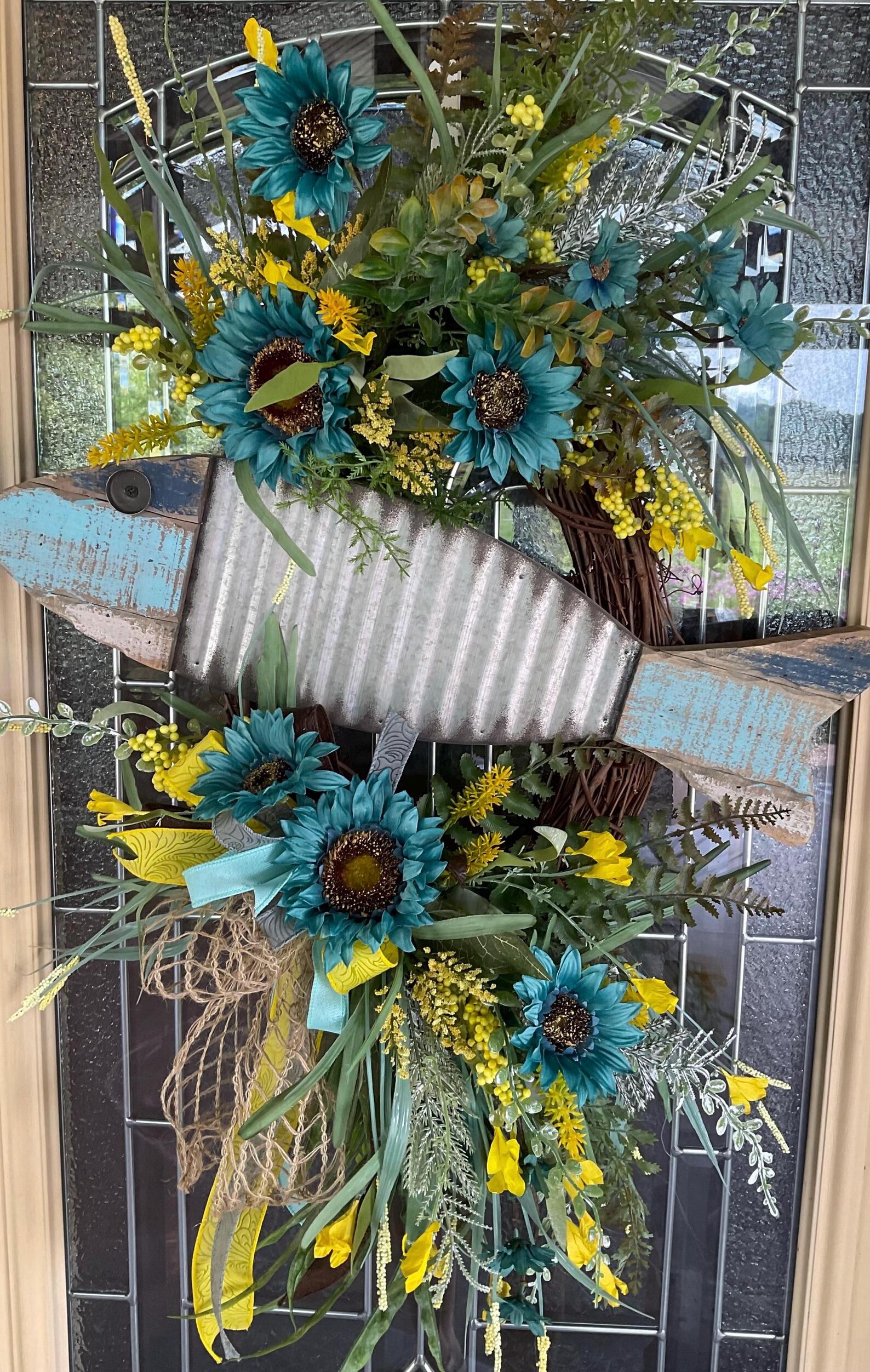 Turquoise Sunflower Fish Wreath, Yellow and Turquoise Sunflower Wreath ...