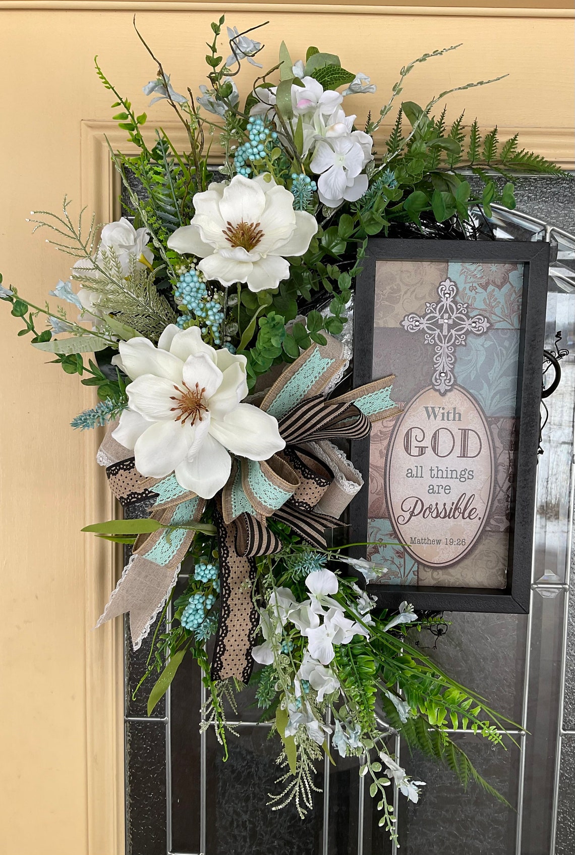 Magnolia Wreath, Aqua Wreath, Religious Wreath, With God All Things Are ...