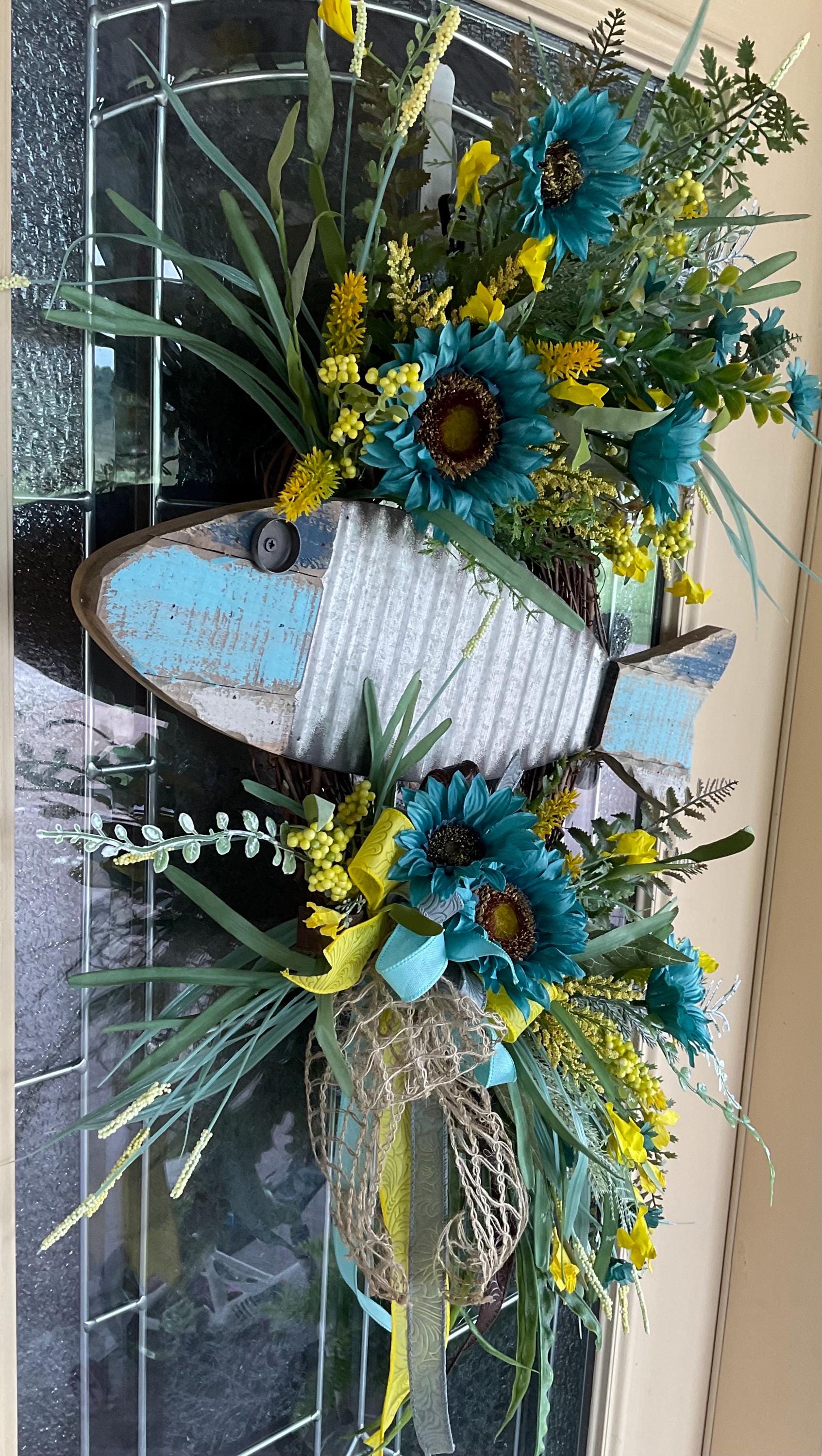Turquoise Sunflower Fish Wreath, Yellow and Turquoise Sunflower Wreath ...