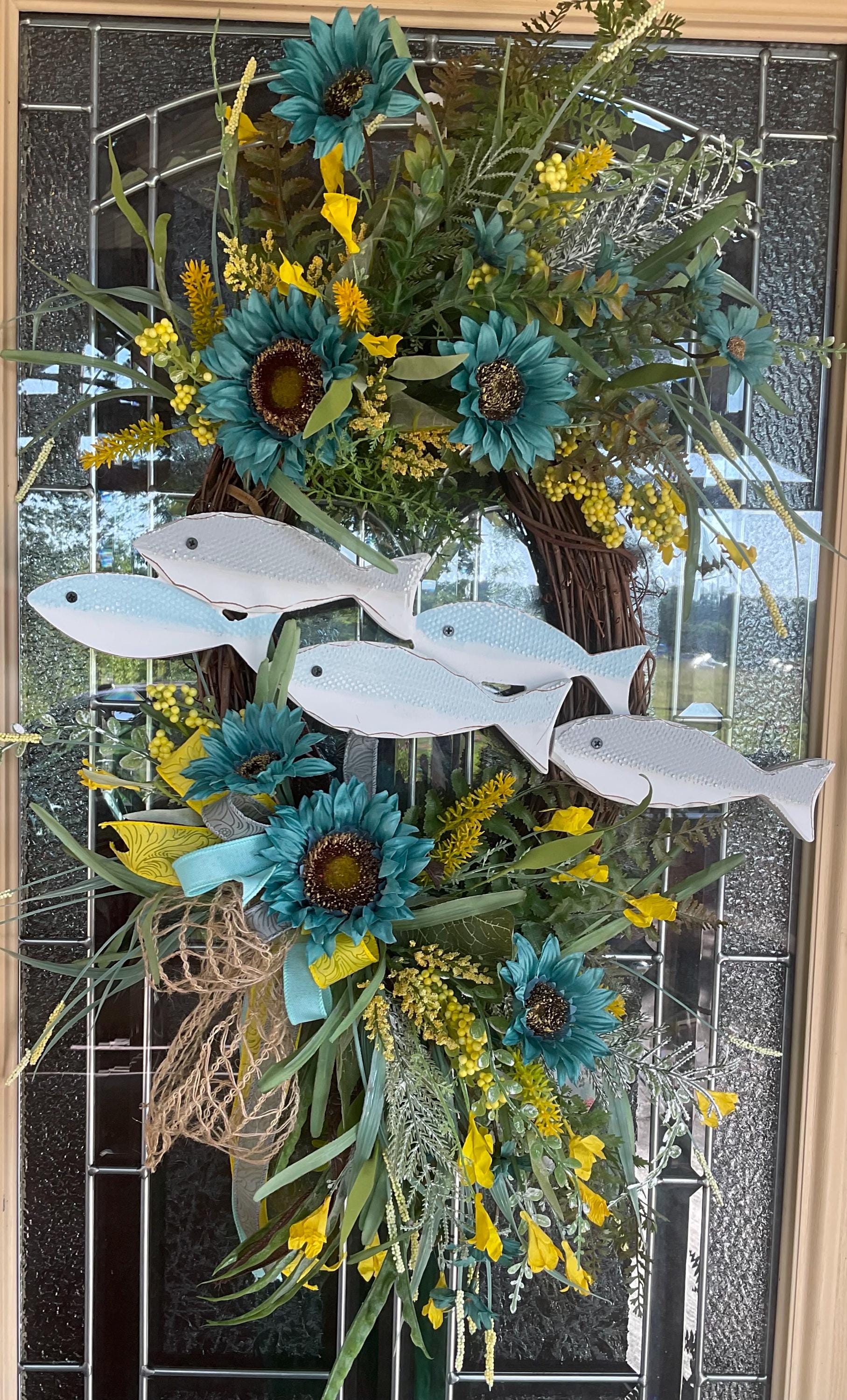 Turquoise Sunflower Fish Wreath, Yellow and Turquoise Sunflower Wreath ...