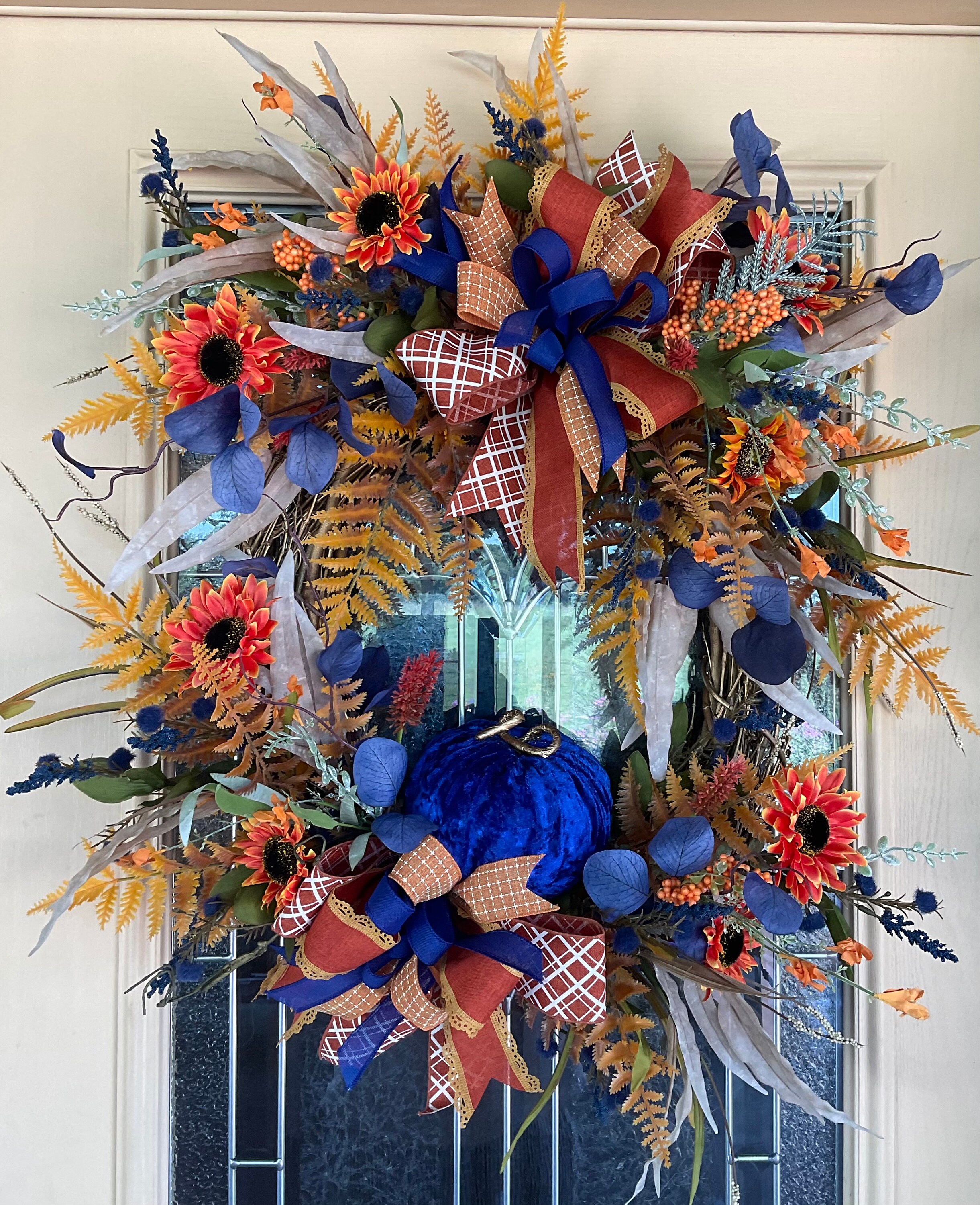 Royal Blue Orange Fall Wreath, Autumn Orange, Rust, Royal Blue Pumpkin ...