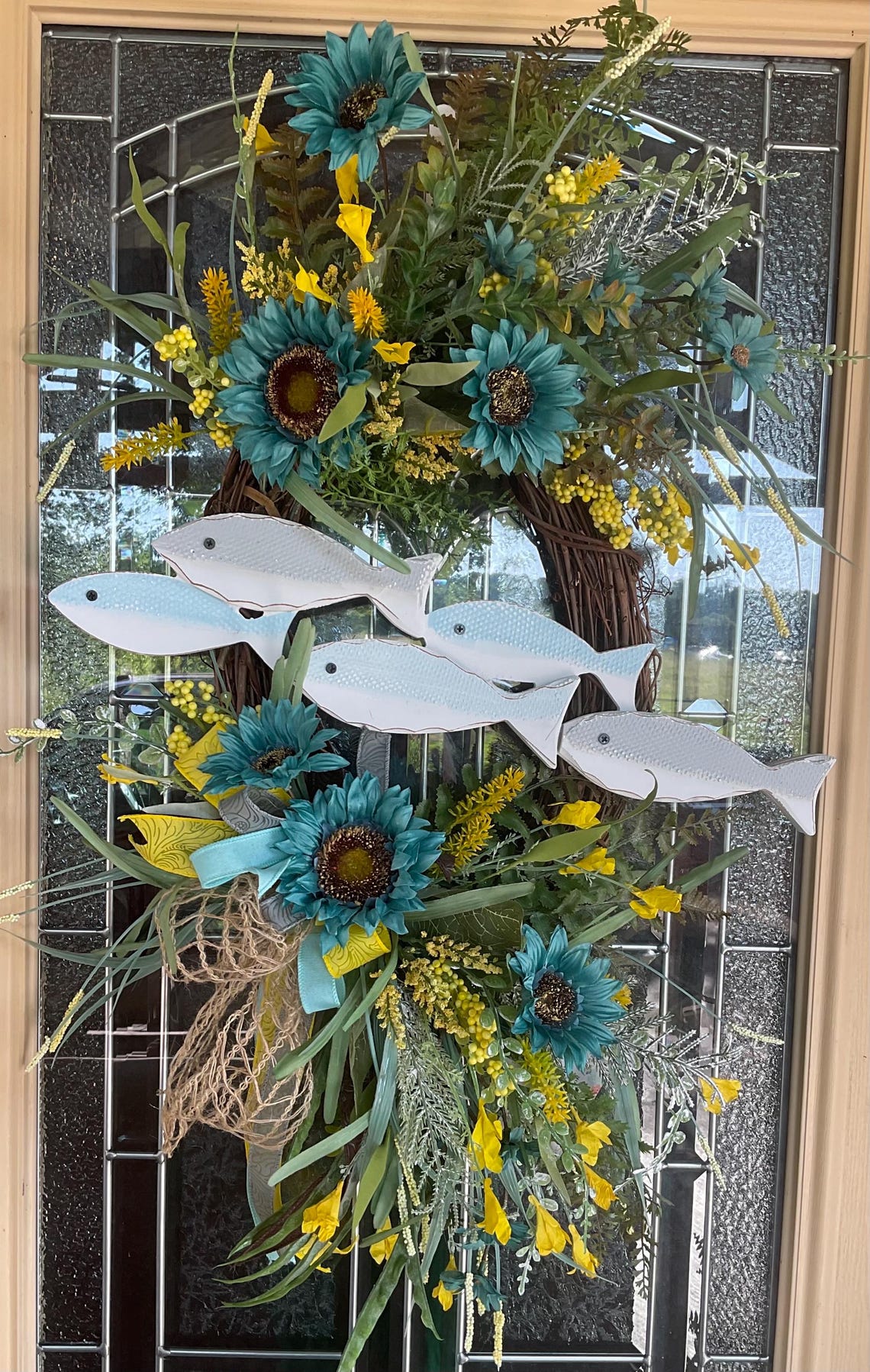 Turquoise Sunflower Fish Wreath, Yellow and Turquoise Sunflower Wreath ...