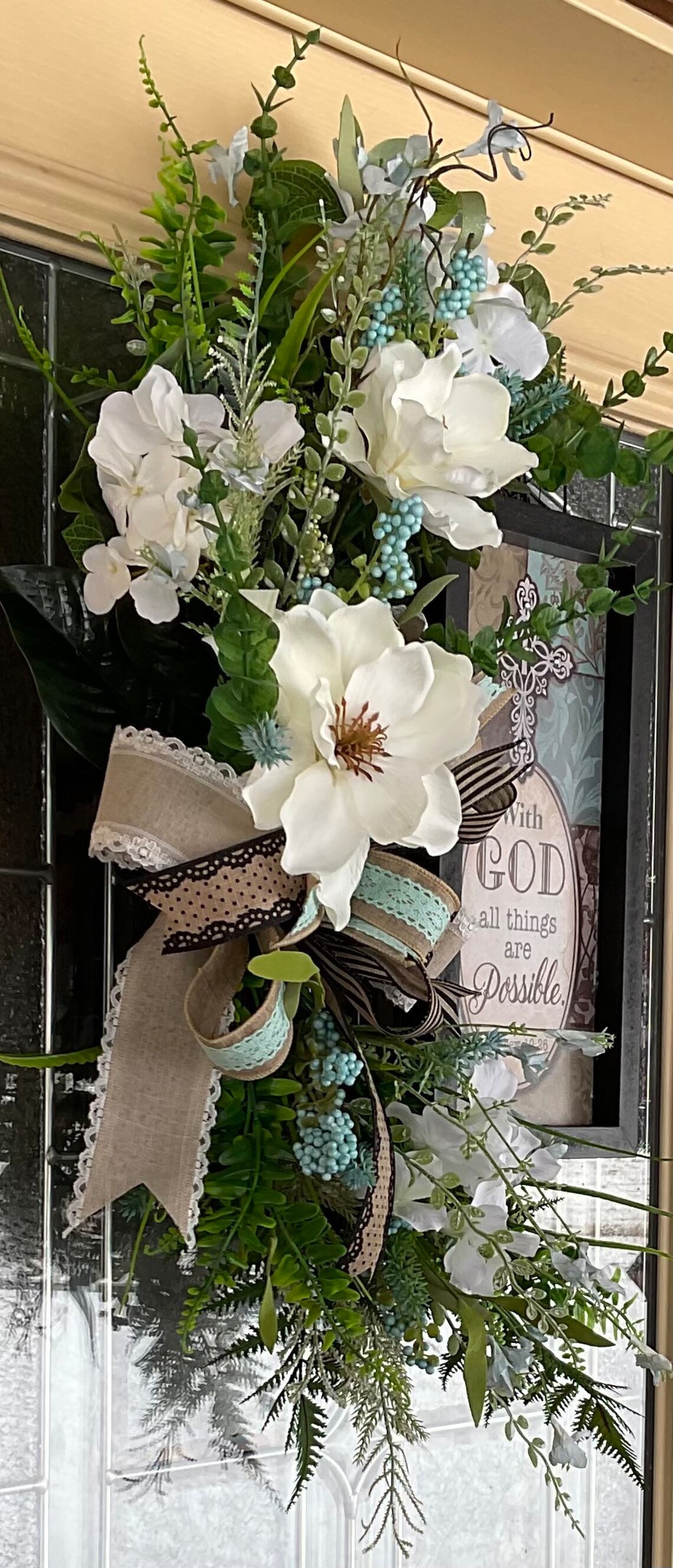 Magnolia Wreath, Aqua Wreath, Religious Wreath, With God All Things Are ...
