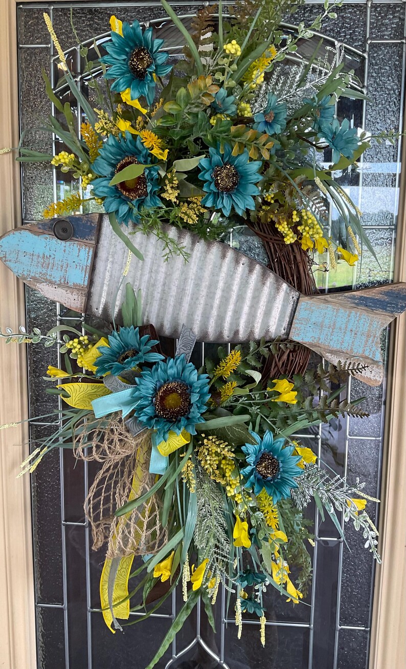 Turquoise Sunflower Fish Wreath, Yellow and Turquoise Sunflower Wreath ...