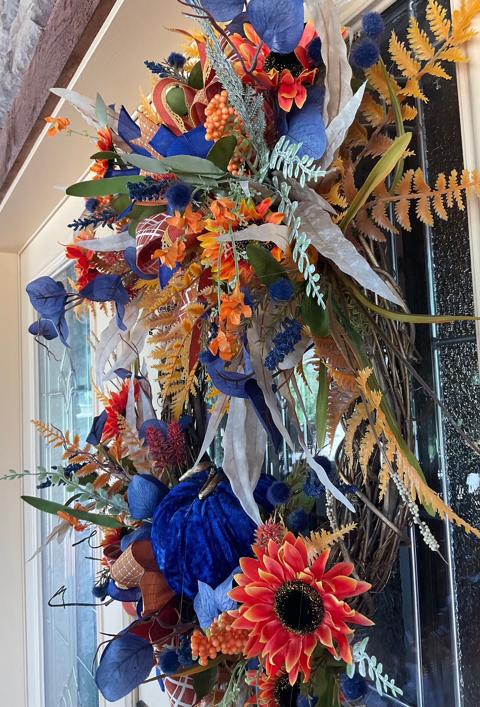 Royal Blue Orange Fall Wreath, Autumn Orange, Rust, Royal Blue Pumpkin ...