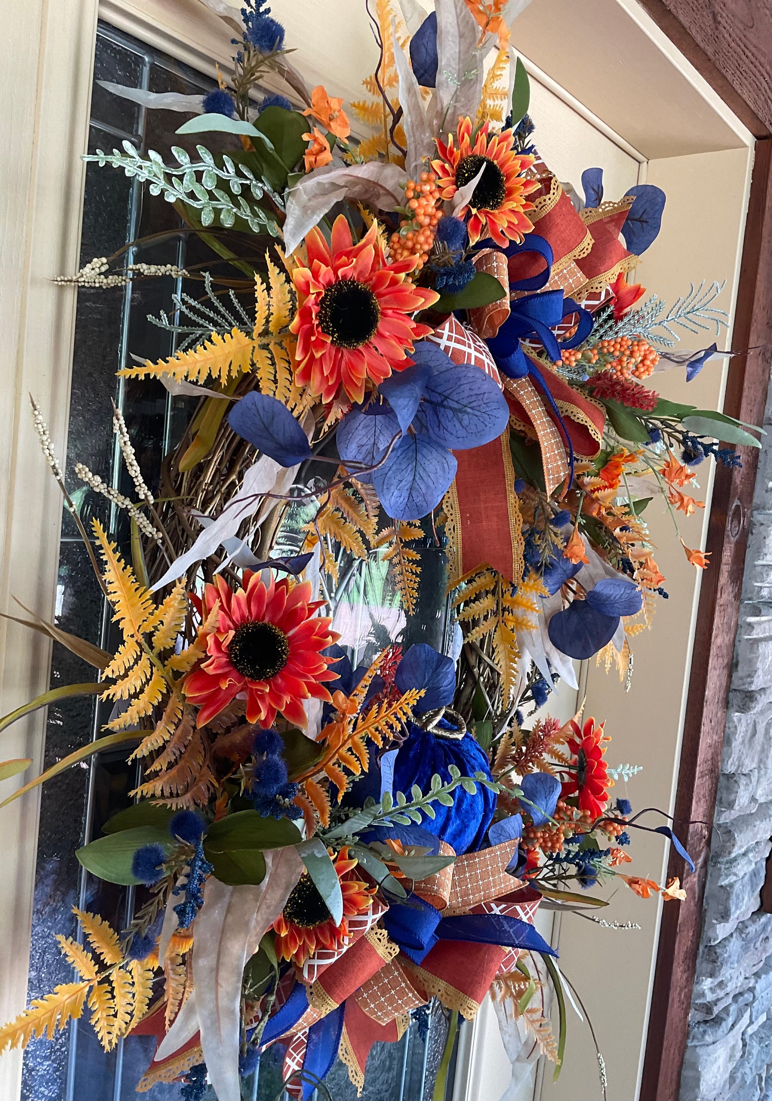 Royal Blue Orange Fall Wreath, Autumn Orange, Rust, Royal Blue Pumpkin ...