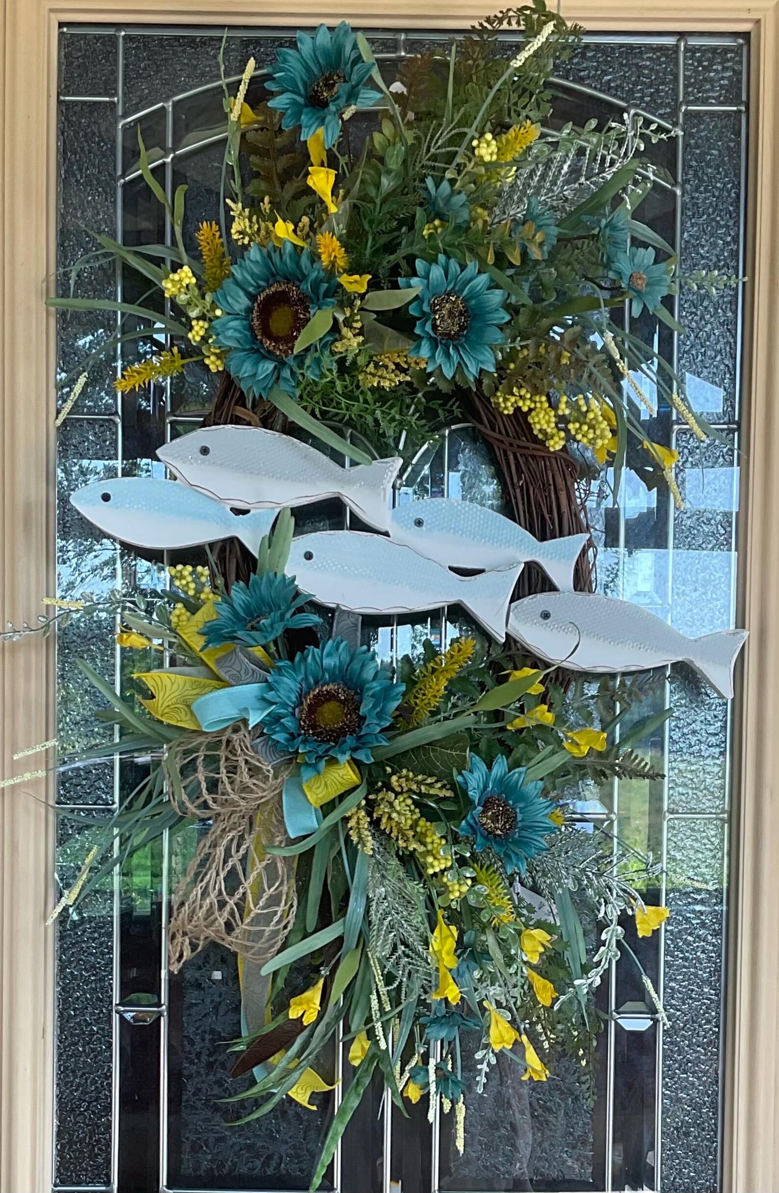 Turquoise Sunflower Fish Wreath, Yellow and Turquoise Sunflower Wreath ...