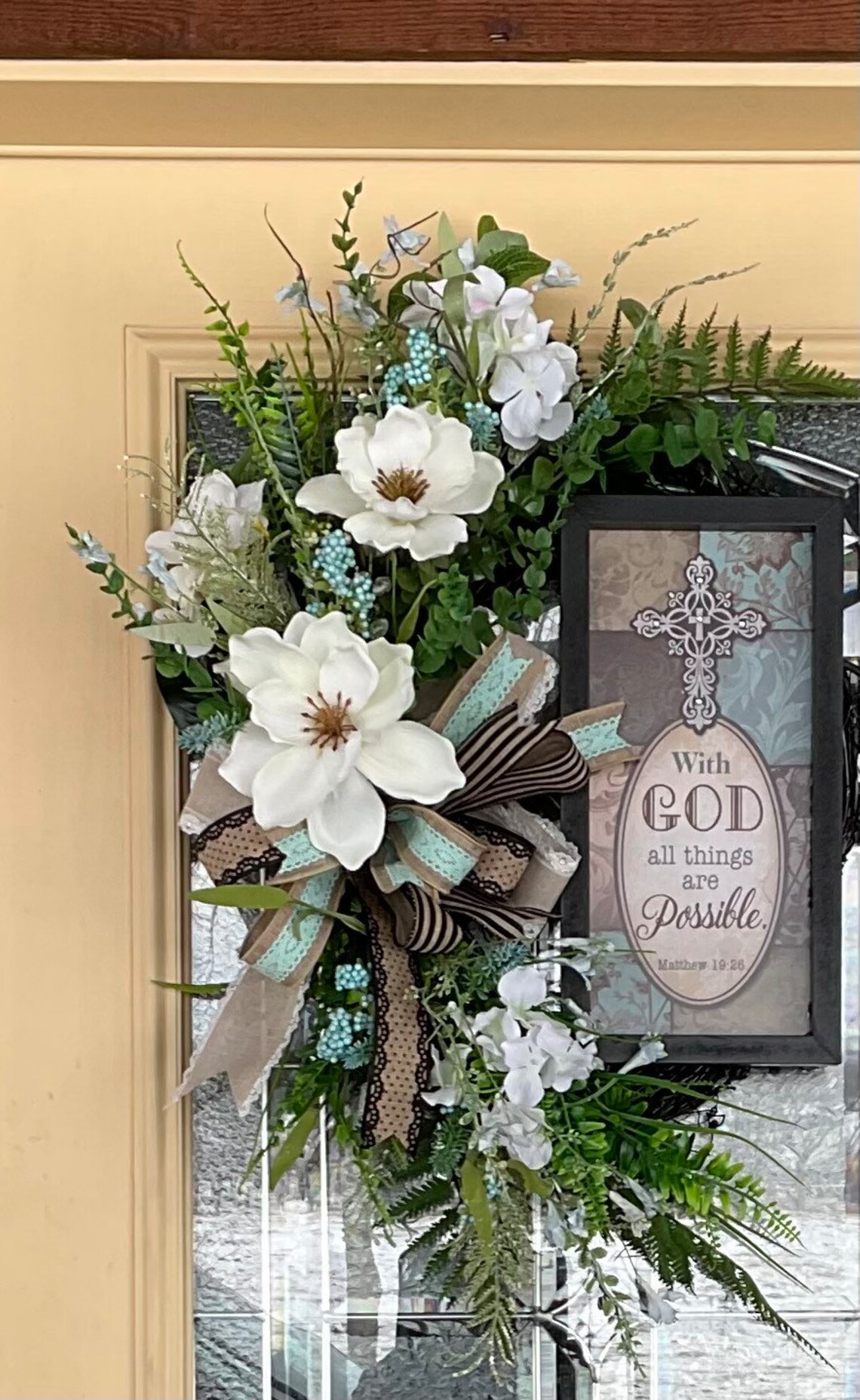 Magnolia Wreath, Aqua Wreath, Religious Wreath, With God All Things Are ...