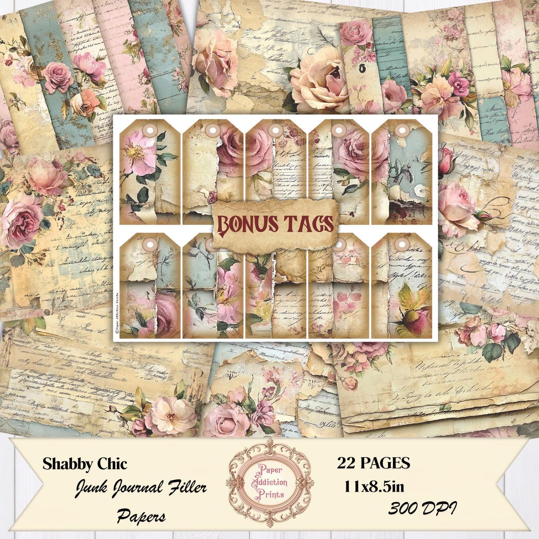 Shabby Chic Junk Journal Filler Papers, 22 Pages, Embellishments ...