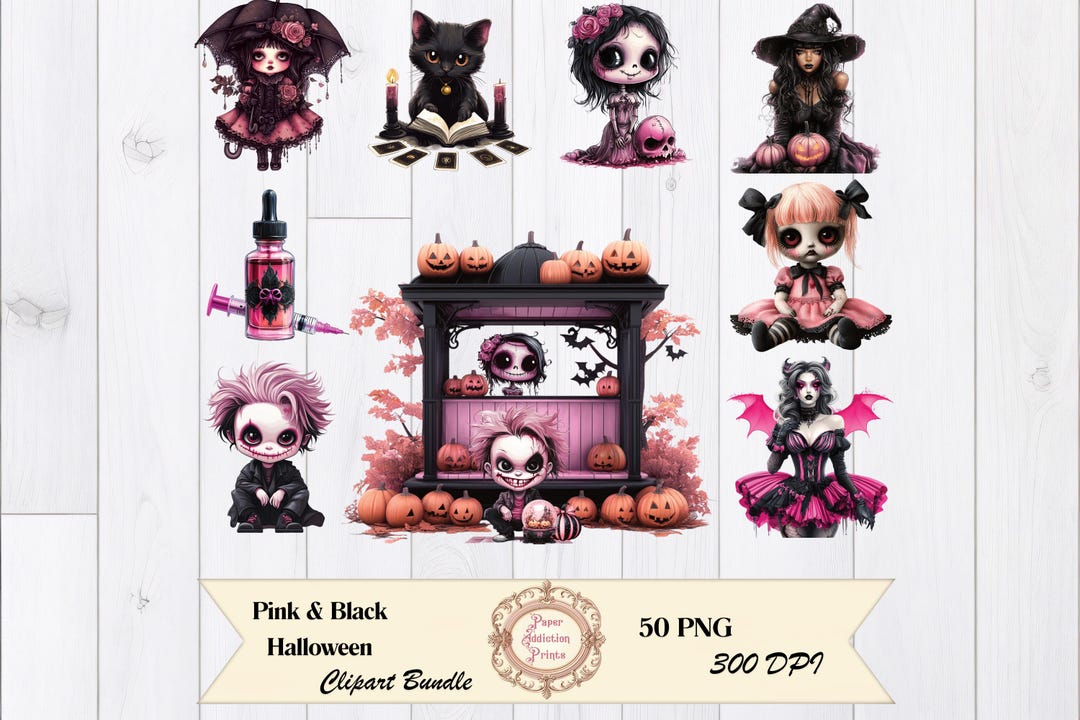 Pink and Black Halloween Clipart Bundle 50 Transparent PNG Images Cute ...