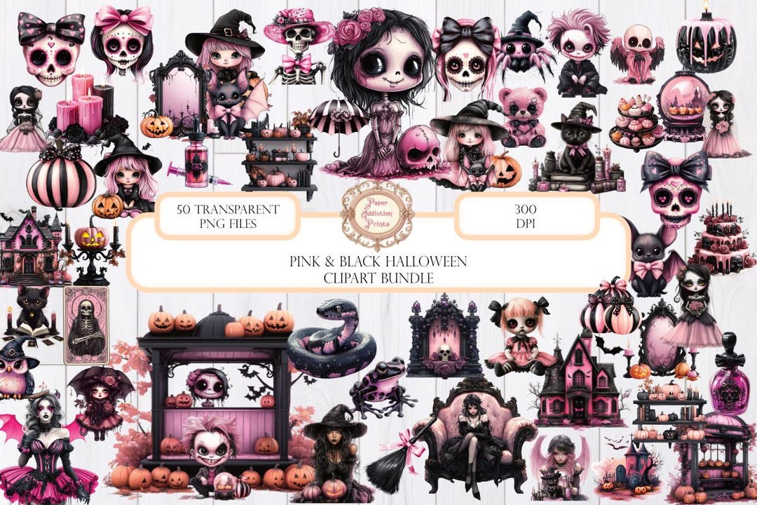 Pink and Black Halloween Clipart Bundle | 50 Transparent PNG Images ...