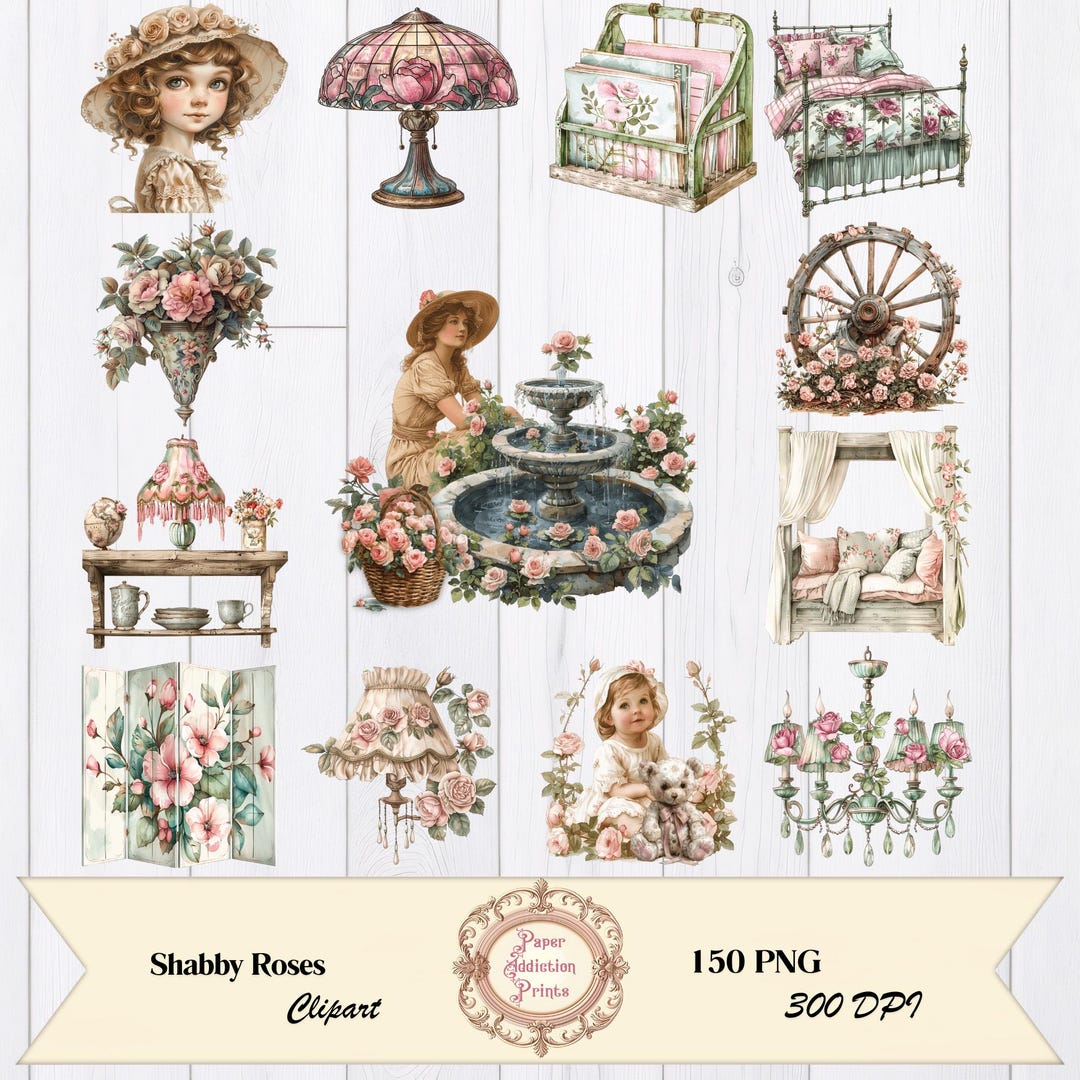 Shabby Roses Large Clipart Bundle | 150 Transparent PNG Images | Shabby ...