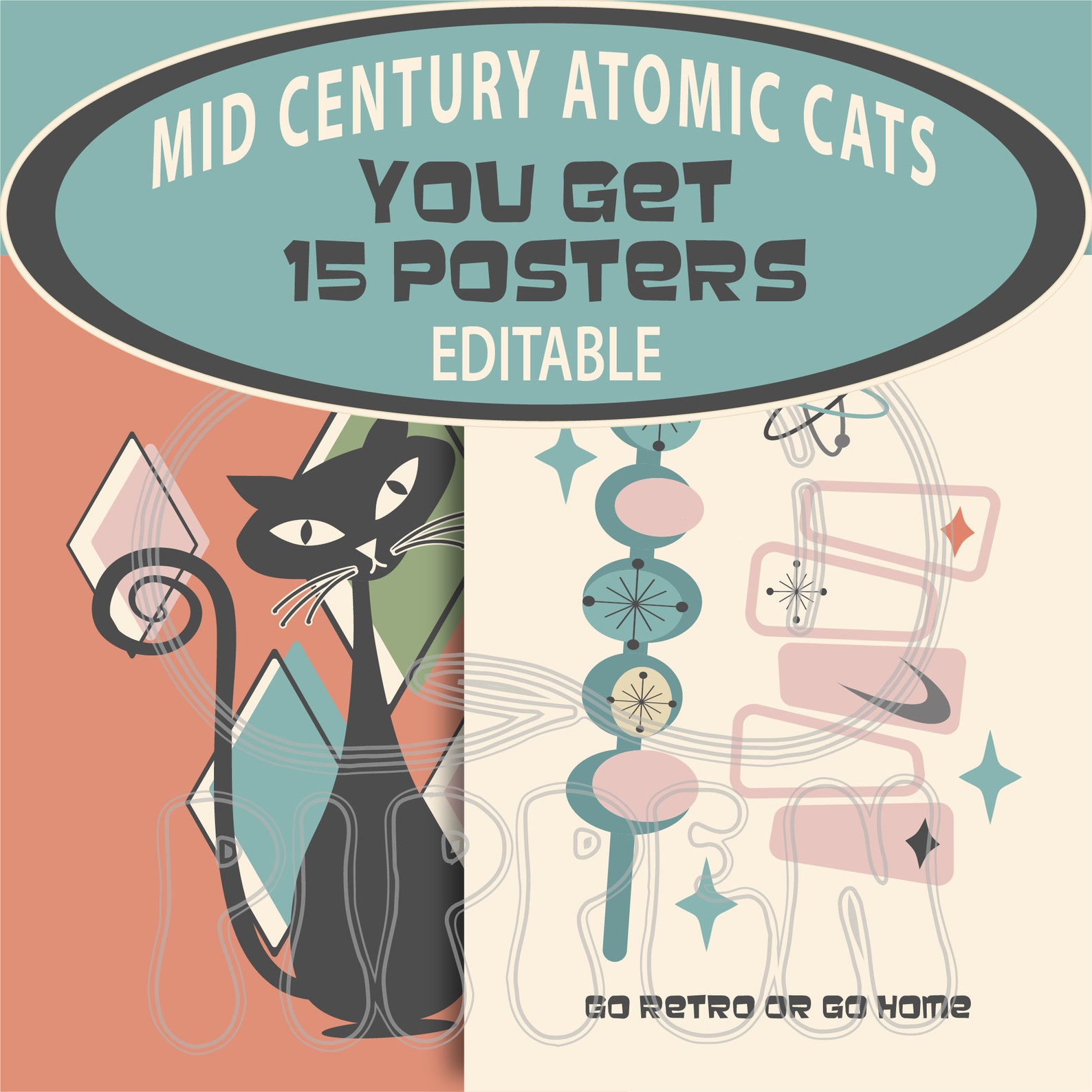 MCM Posters Atomic Cat Mid Century Modern Prints Set Wall Art Digital ...