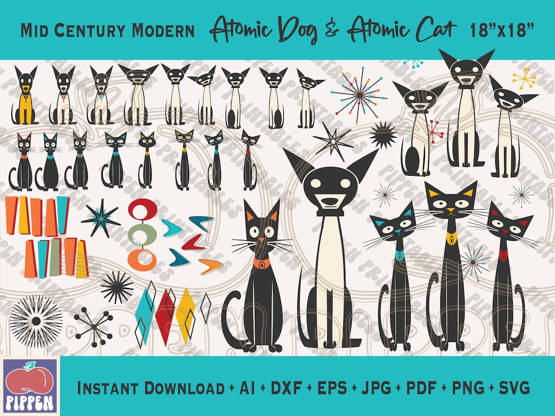 Atomic Dog Cat SVG Clipart Bundle Digital Downloads Retro Mid Century ...