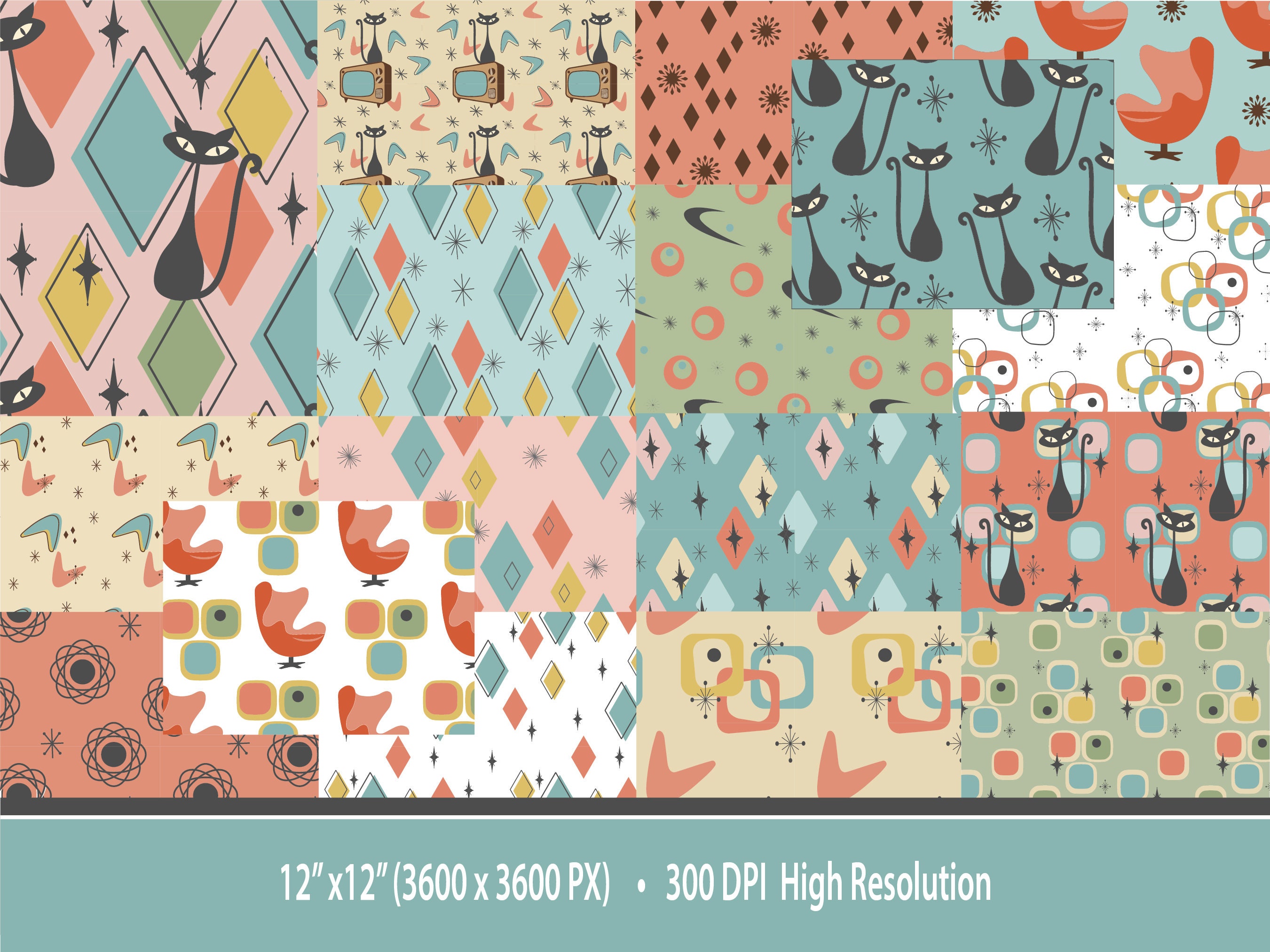 Mid Century Modern Digital Papers,svg, PNG, Editable Vector, 1950s ...