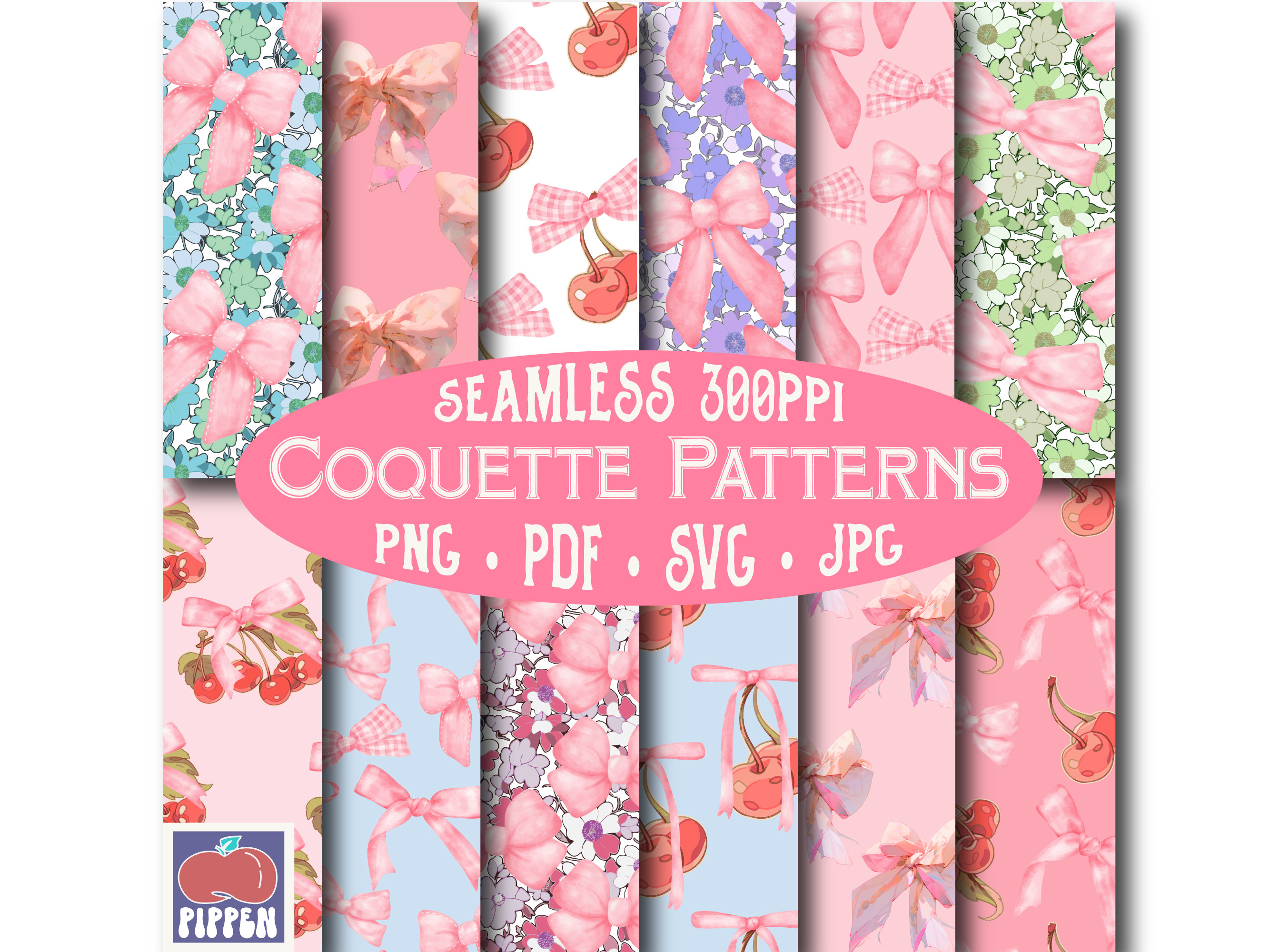 Coquette Patterns PNG SVG Digital Download Cute Girly Pink Bows Ribbons ...