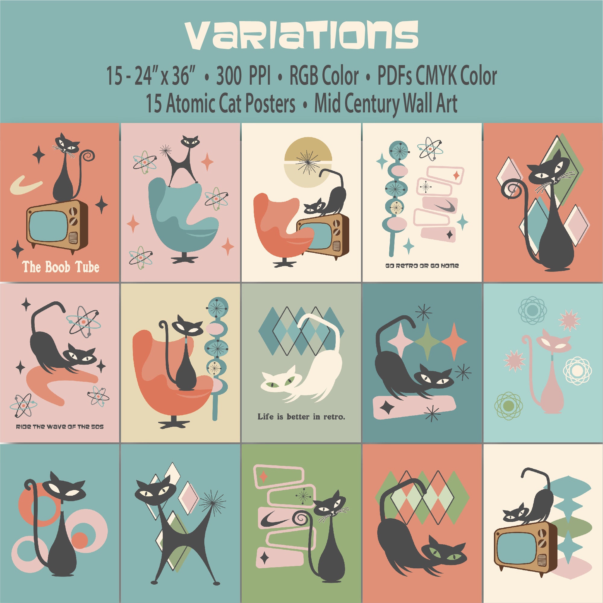 MCM Posters Atomic Cat Mid Century Modern Prints Set Wall Art Digital ...