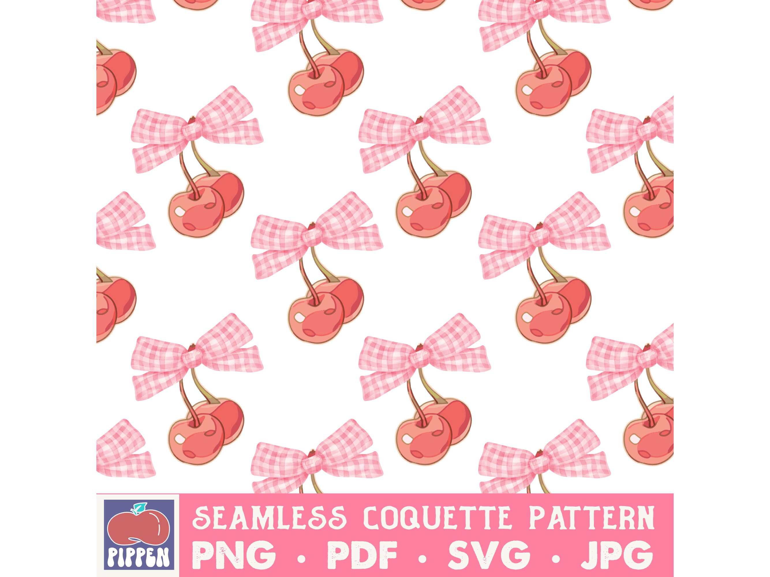 Pink Gingham Bow Cherry Pattern PNG Instant Download Digital Coquette ...