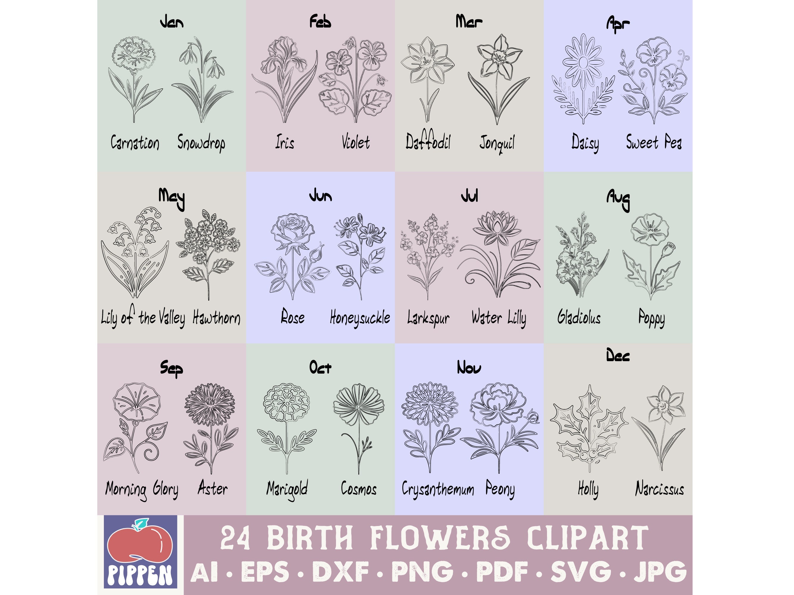 Birth Flowers SVG, Birth Flowers PNG, Birth Month Flowers SVG Bundle ...
