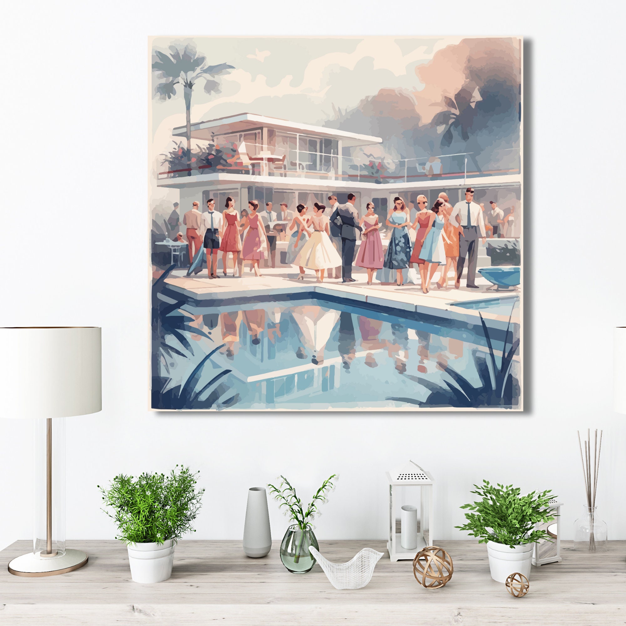 Poolside Mid Century Modern Canvas Cocktail Party Wall Art Retro Eames ...