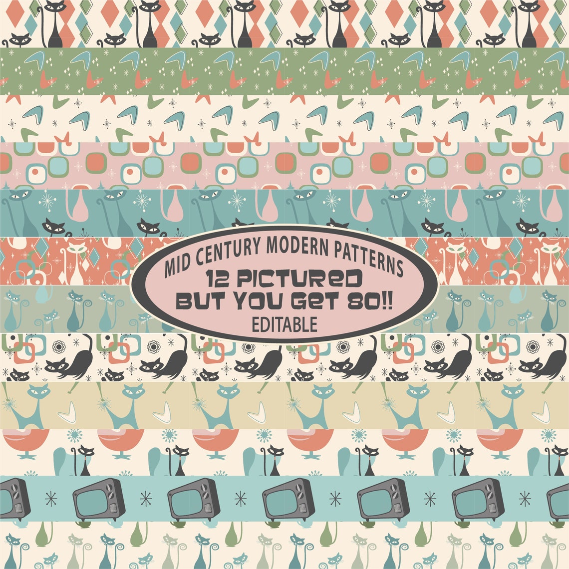 Atomic Cat Patterns SVG Bundle Mid Century Modern Seamless Digital ...