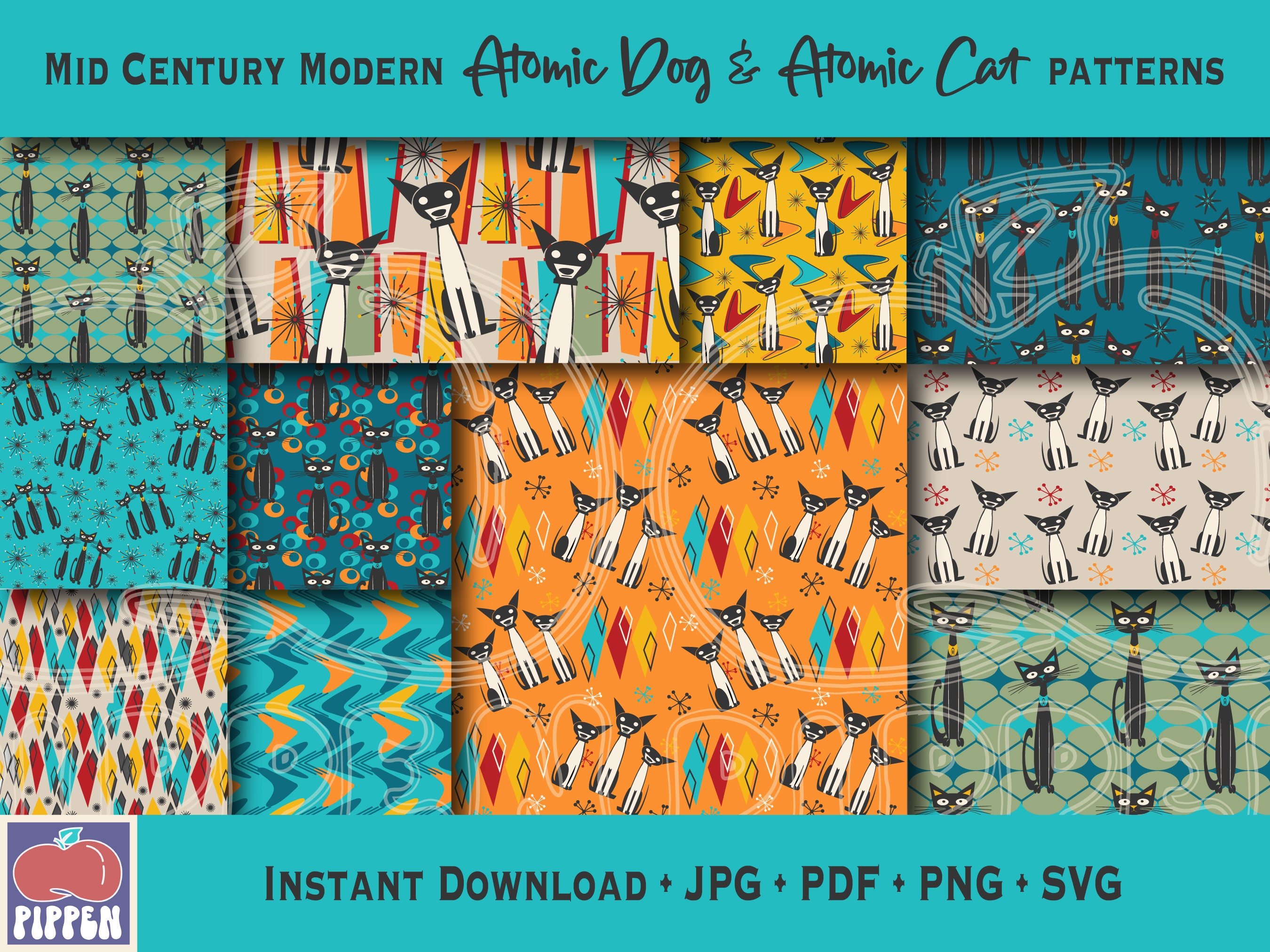Atomic Dog Cat SVG Patterns Seamless Digital Paper Download Mid Century ...
