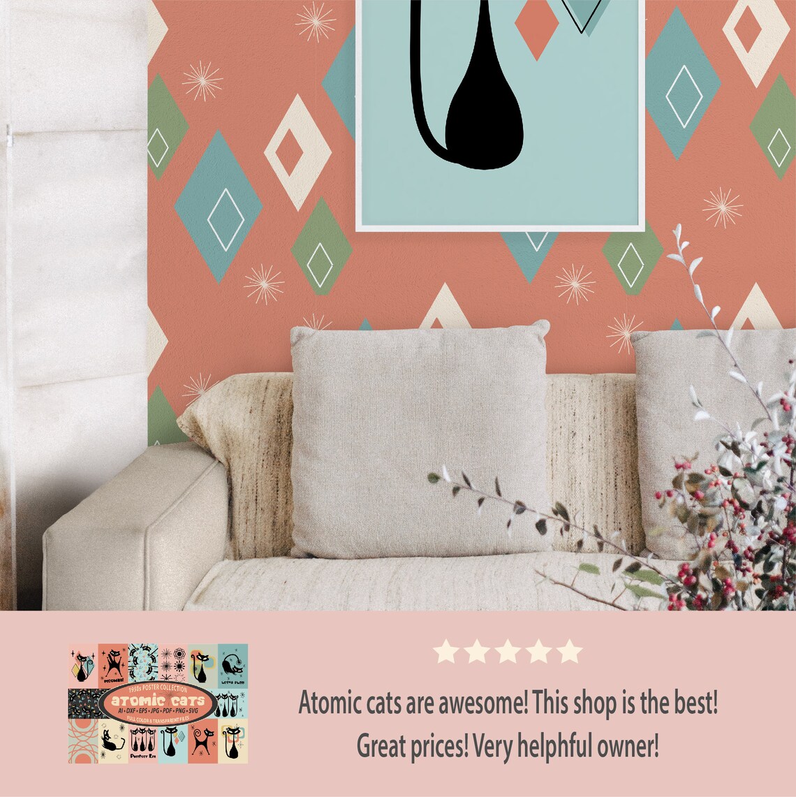 Atomic Cat Patterns SVG Bundle Mid Century Modern Seamless Digital ...