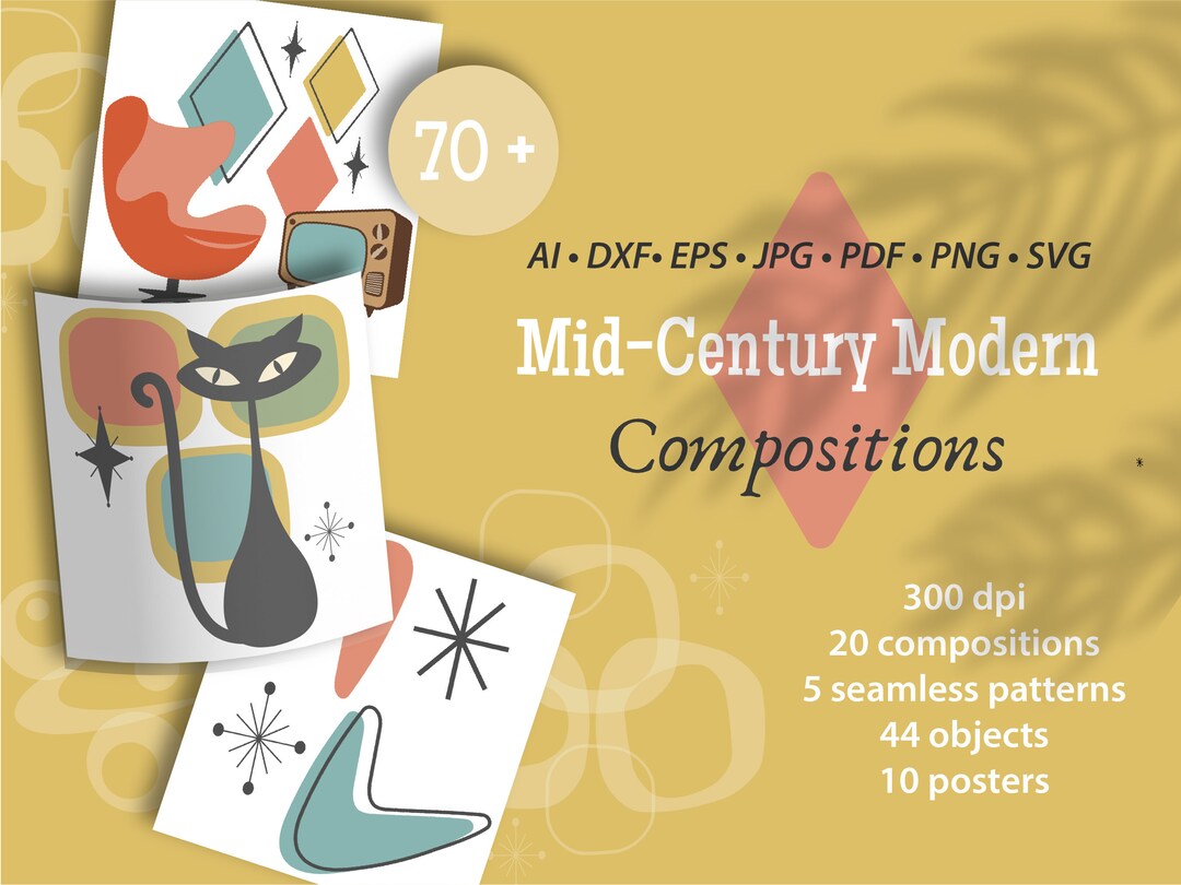 1950s Mid-century Modern Clipart Bundle, Retro Atomic Cat Design ...