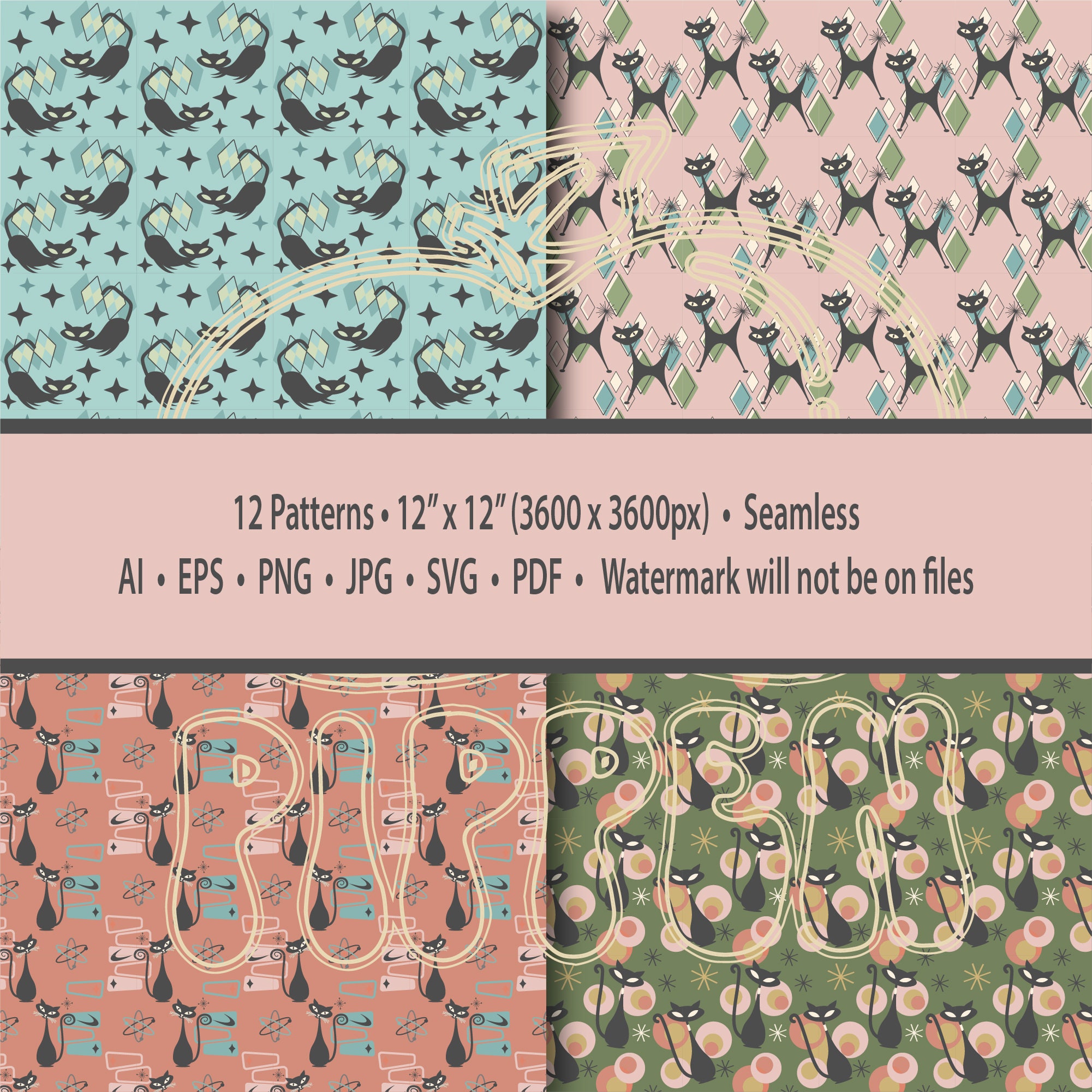 Atomic Cat Seamless Pattern SVG Mid Century Modern Digital Paper ...