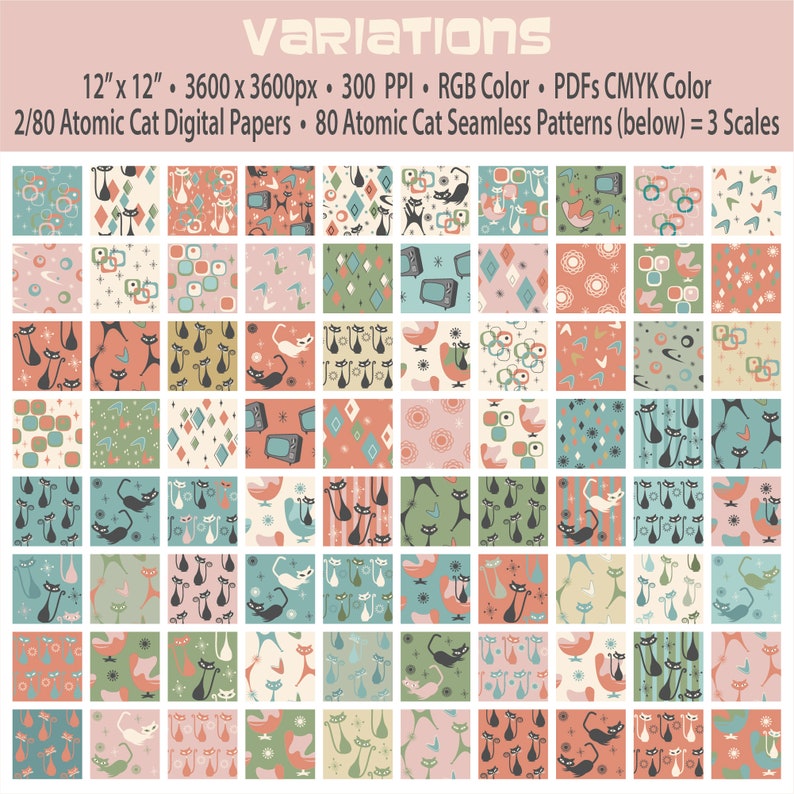 Atomic Cat Patterns SVG Bundle Mid Century Modern Seamless Digital ...