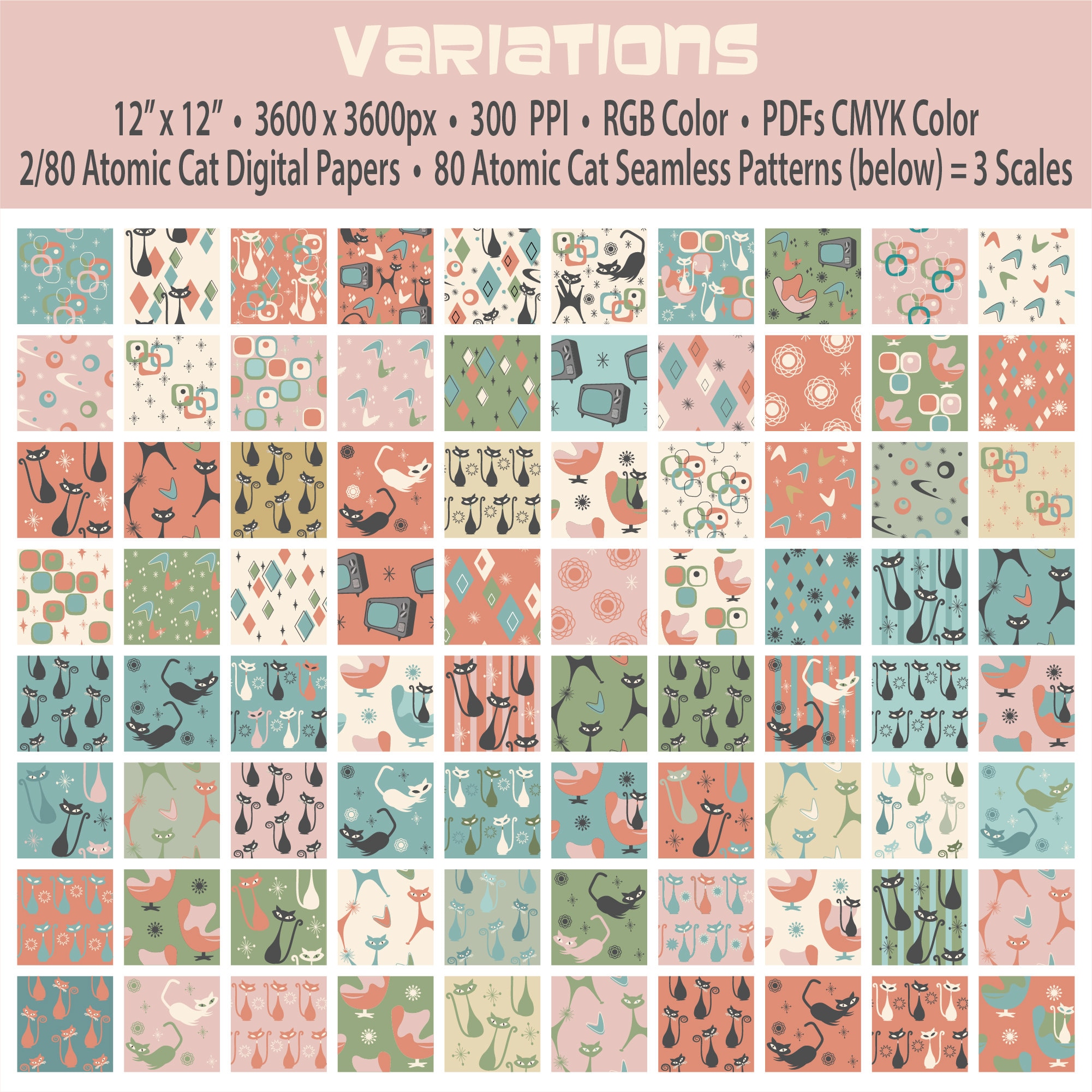 Atomic Cat Patterns SVG Bundle Mid Century Modern Seamless Digital ...