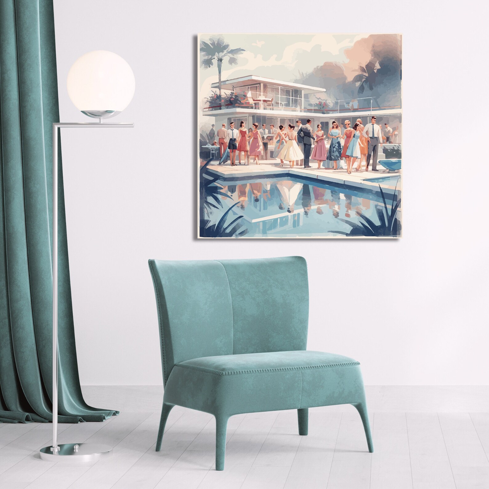 Poolside Mid Century Modern Canvas Cocktail Party Wall Art Retro Eames ...
