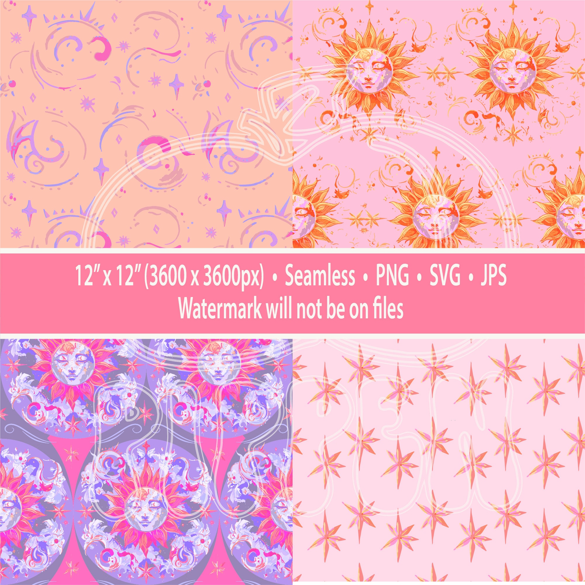 Pink Celestial Sun Digital Papers Set Seamless Patterns Sublimation ...