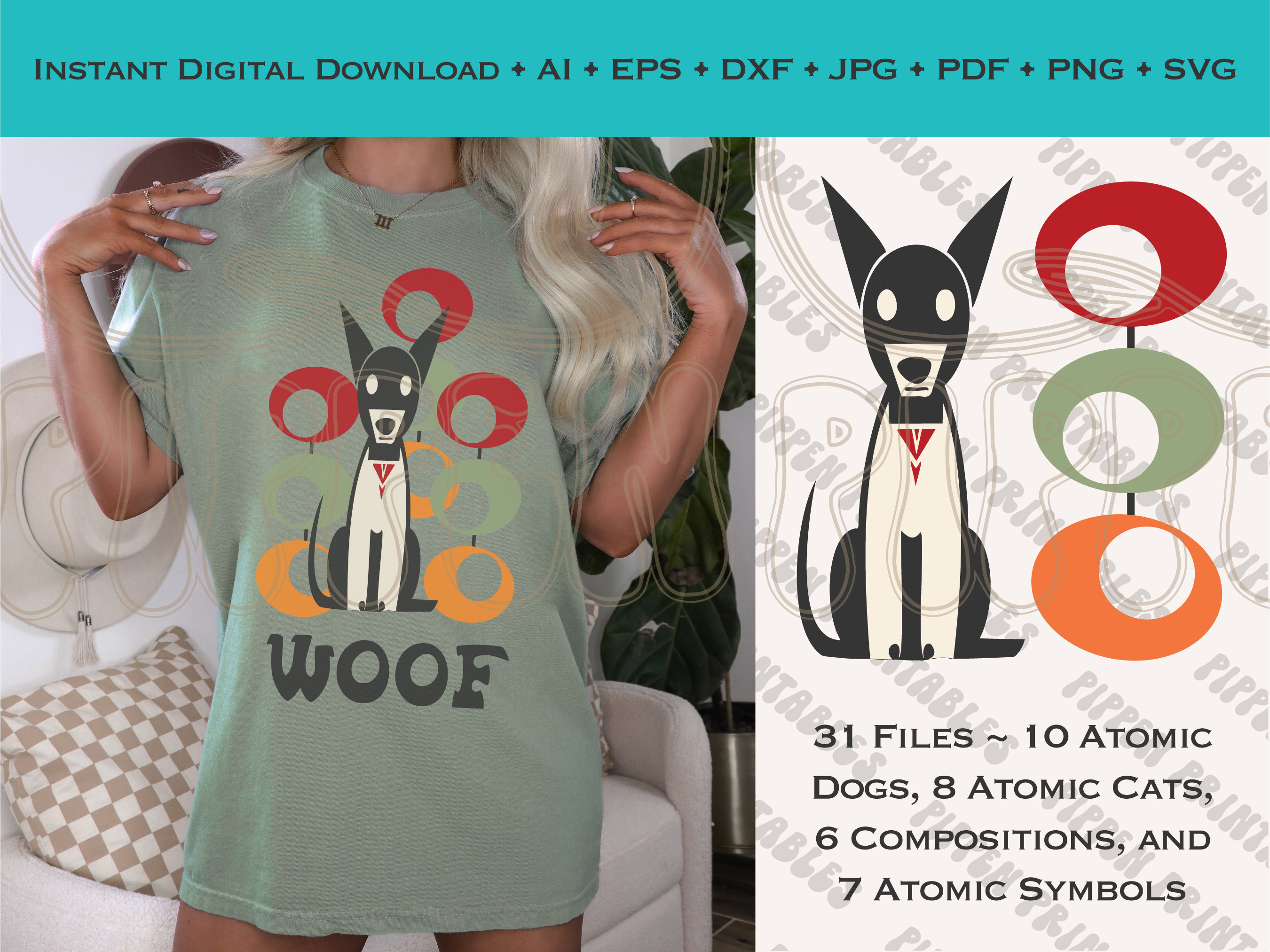 Atomic Dog Cat SVG Clipart Bundle Digital Downloads Retro Mid Century ...