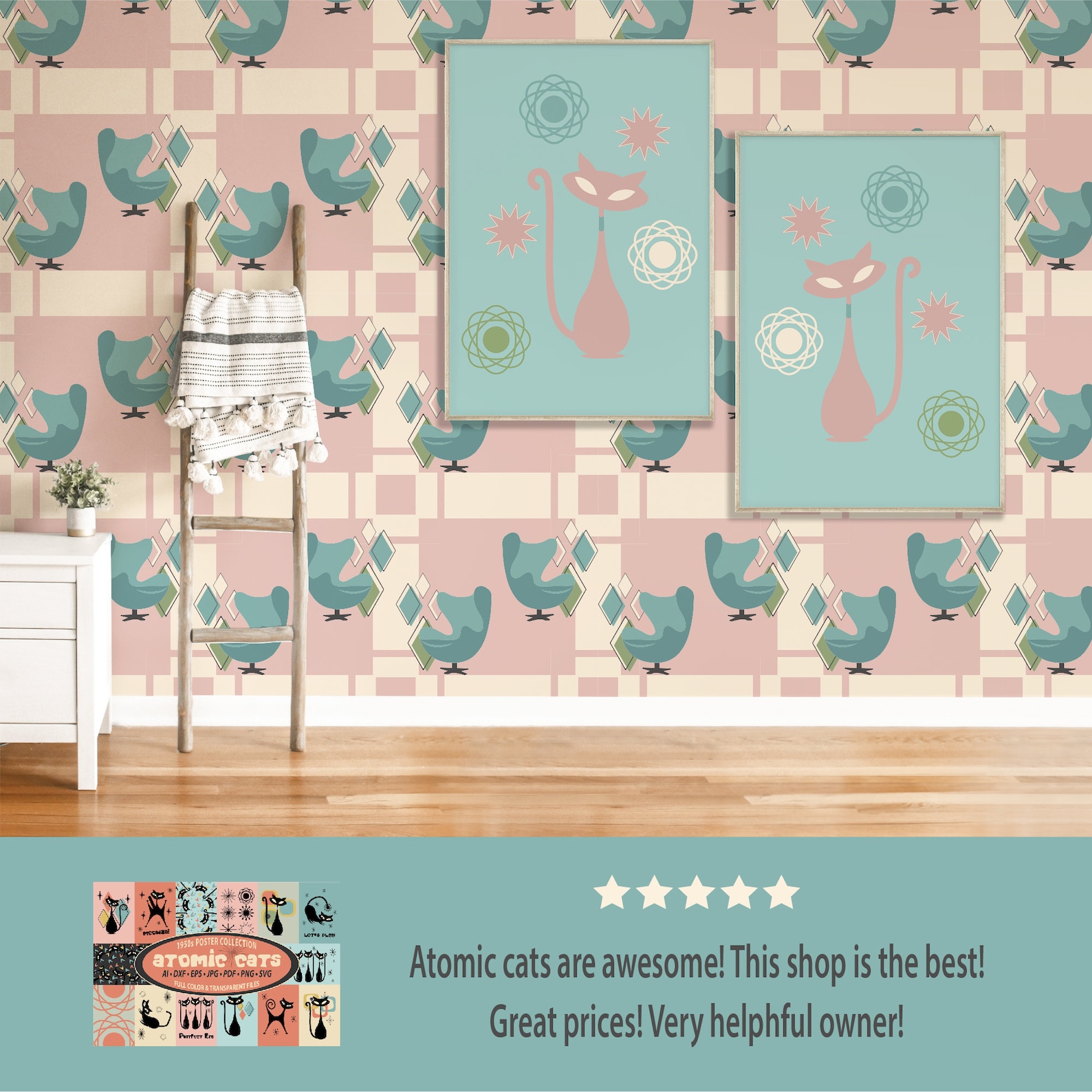 MCM Posters Atomic Cat Mid Century Modern Prints Set Wall Art Digital ...