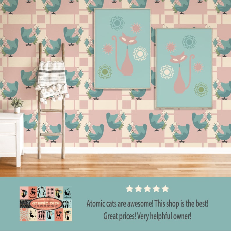 MCM Posters Atomic Cat Mid Century Modern Prints Set Wall Art Digital ...