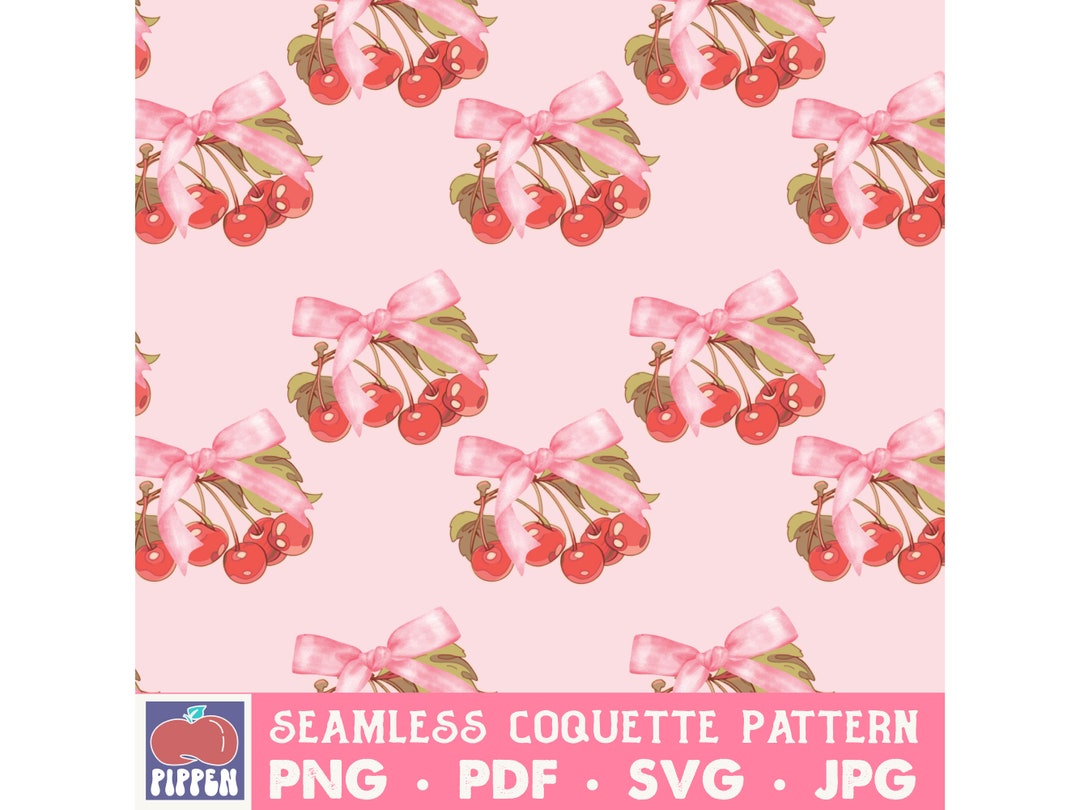 Pink Coquette Cherry Pattern PNG Seamless Digital Download Pink Bows ...